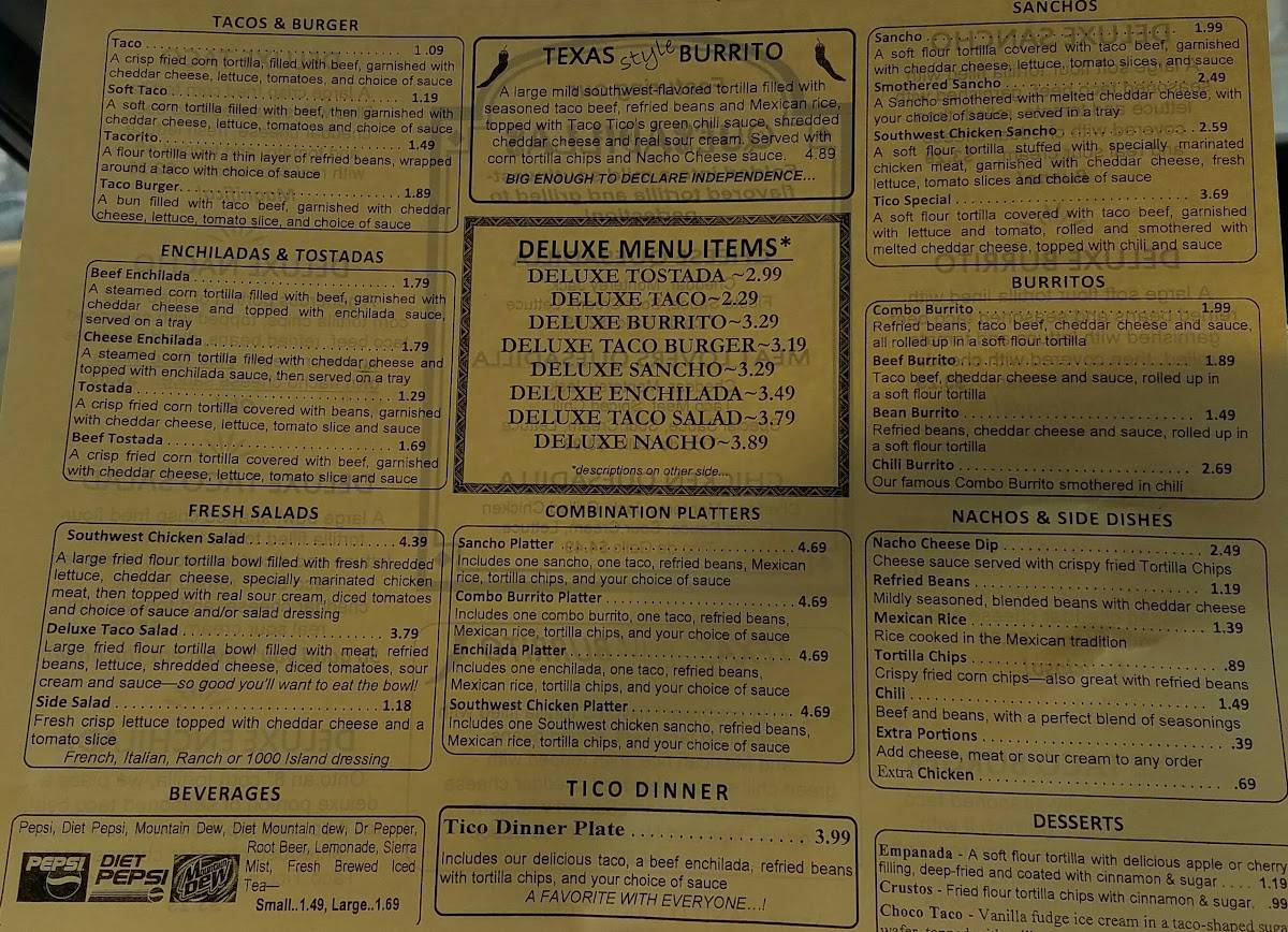 Menu at Taco Tico restaurant, Mason City, 4th St SW