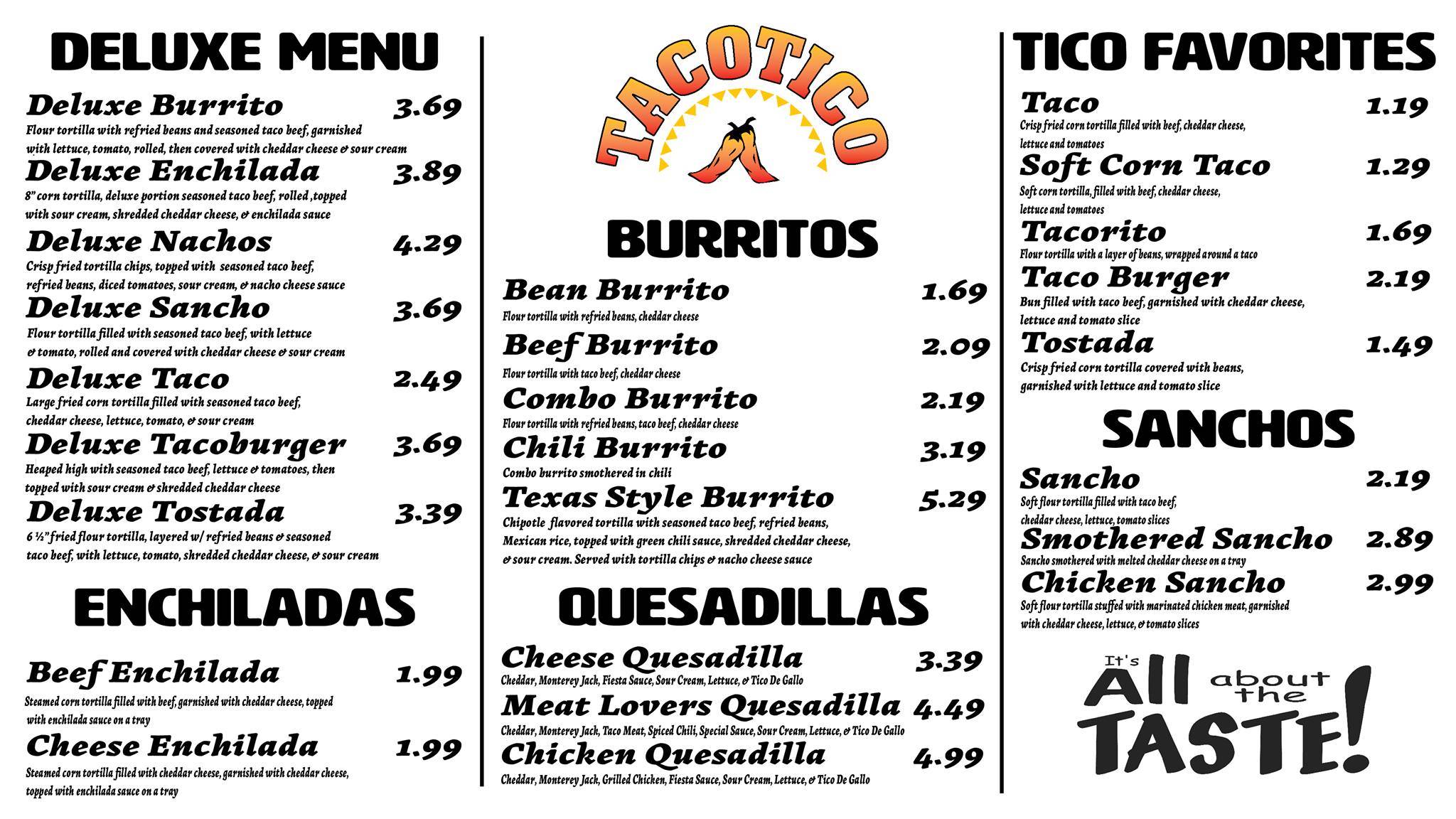 Menu at Taco Tico restaurant, Mason City, 4th St SW