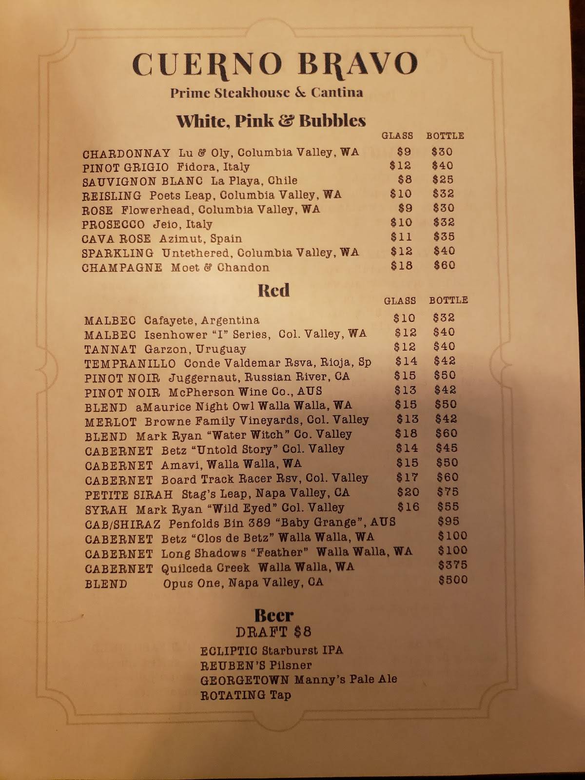 Menu at Cuerno Bravo Steakhouse, Tacoma