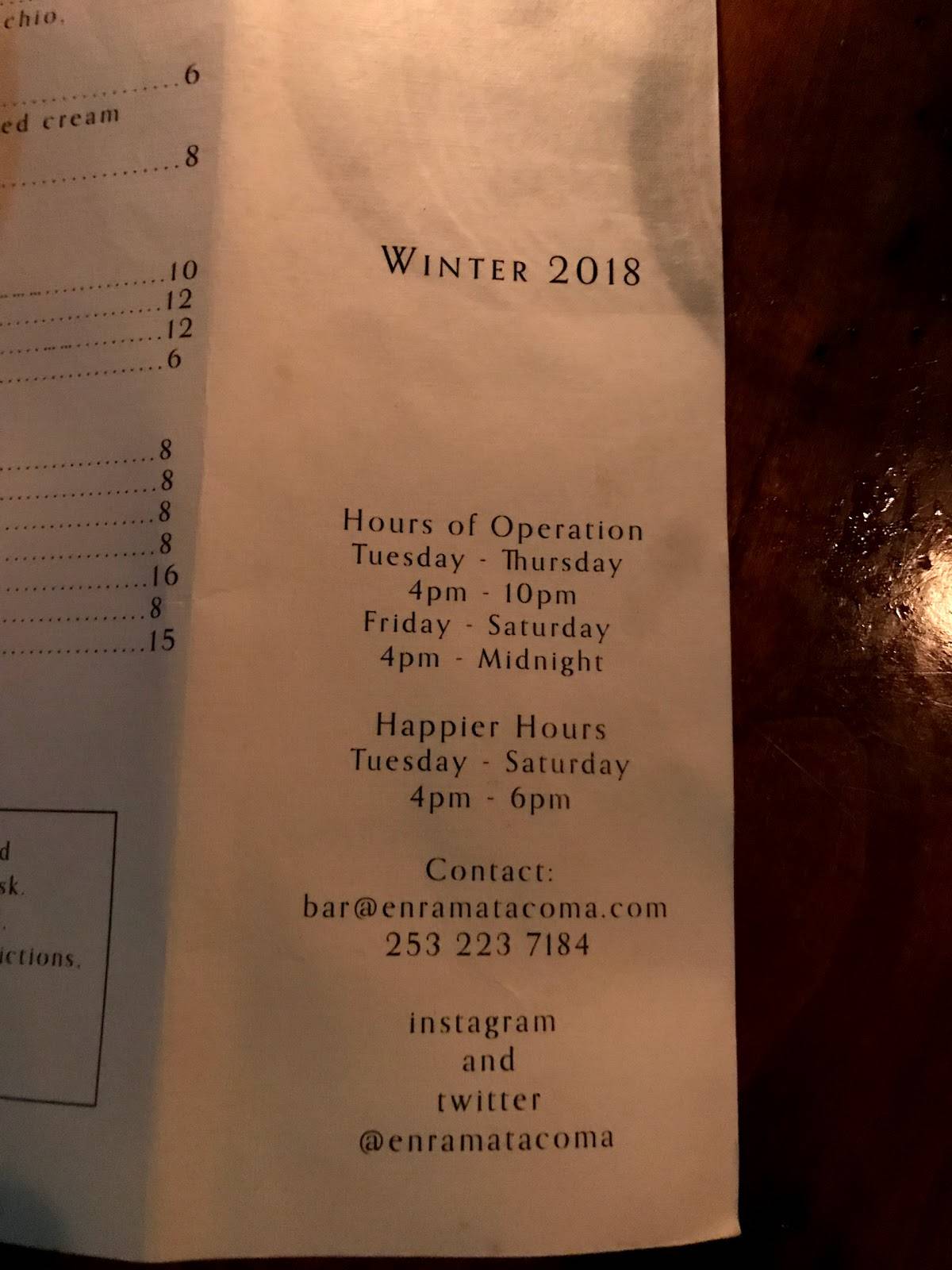 Menu at En Rama pub & bar, Tacoma