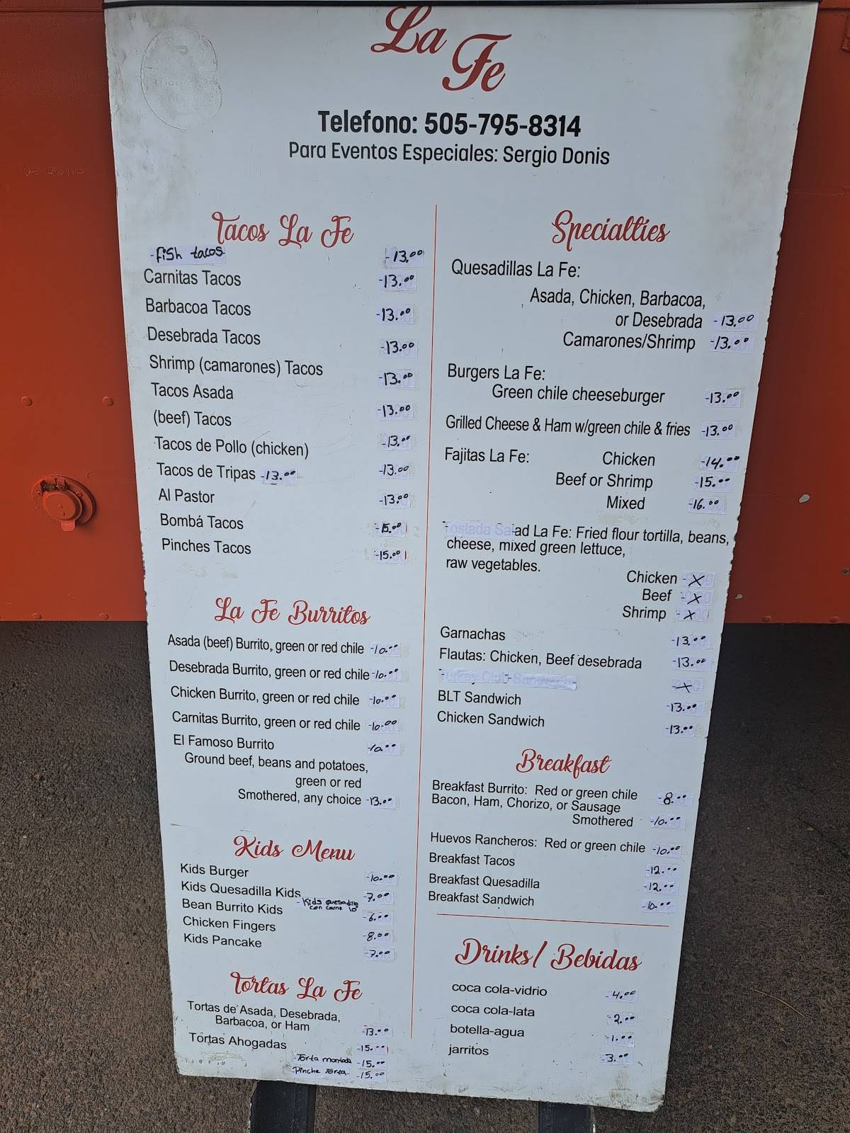 Menu at Tacos y burritos la fe food truck restaurant, Santa Fe