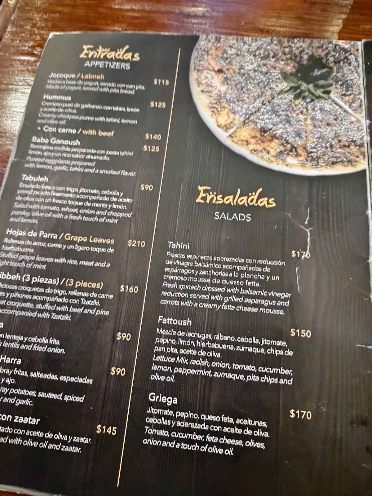 Menu at Tahini restaurant, Playa del Carmen