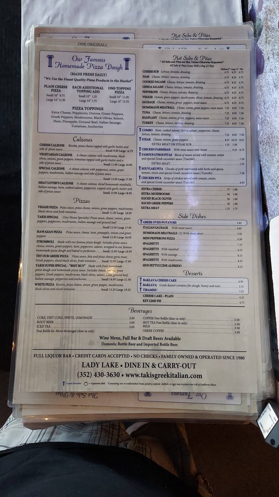 Menu at Takis Greek-Italian Restaurant, The Villages, US-441
