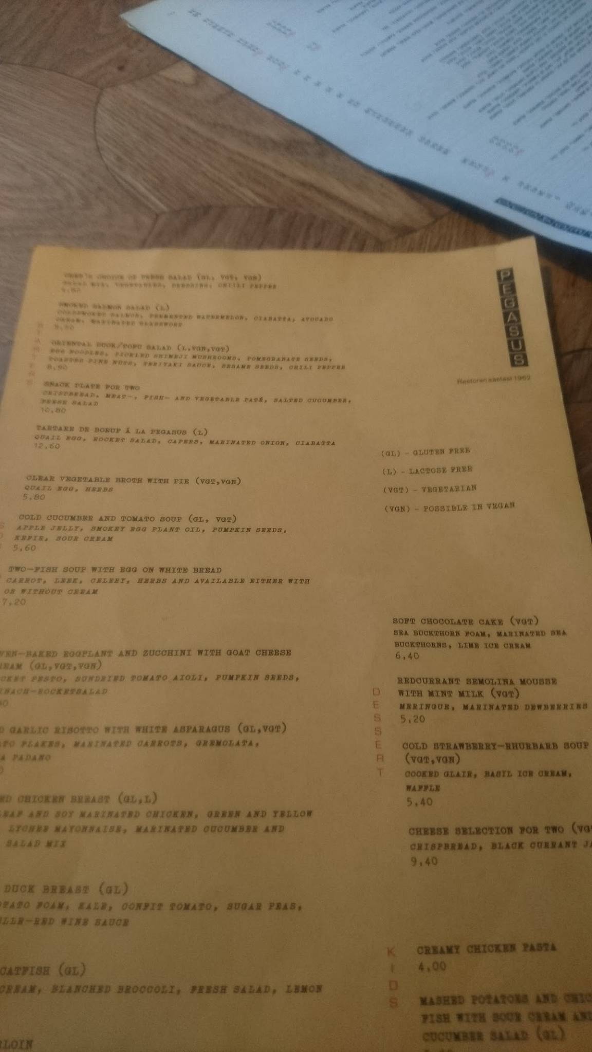 Menu at Restaurant Pegasus, Tallinn