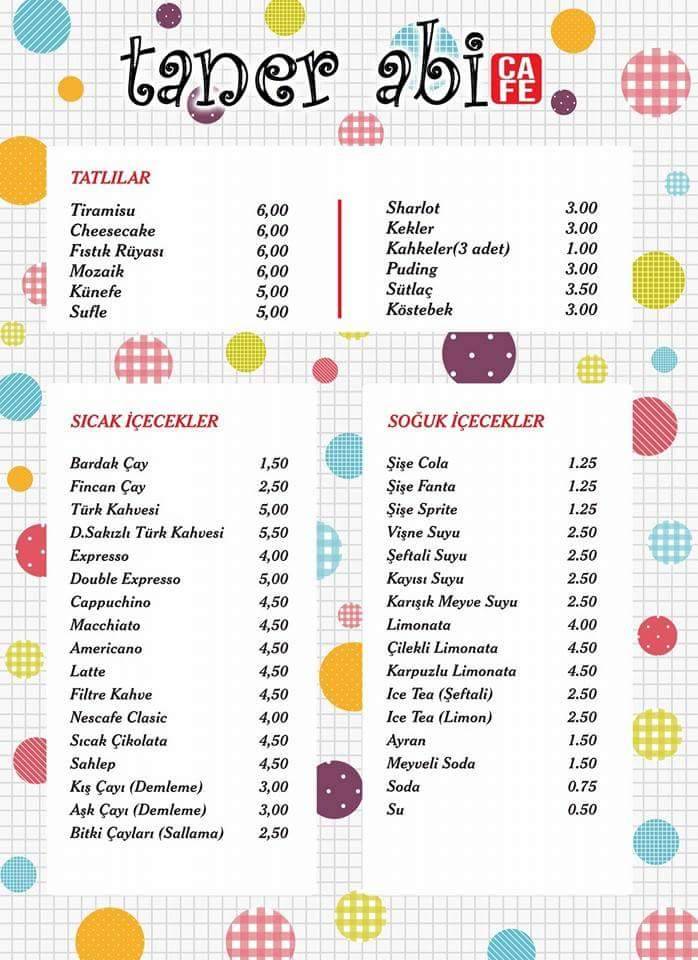 Menu at Taner Abi Cafe, Samsun