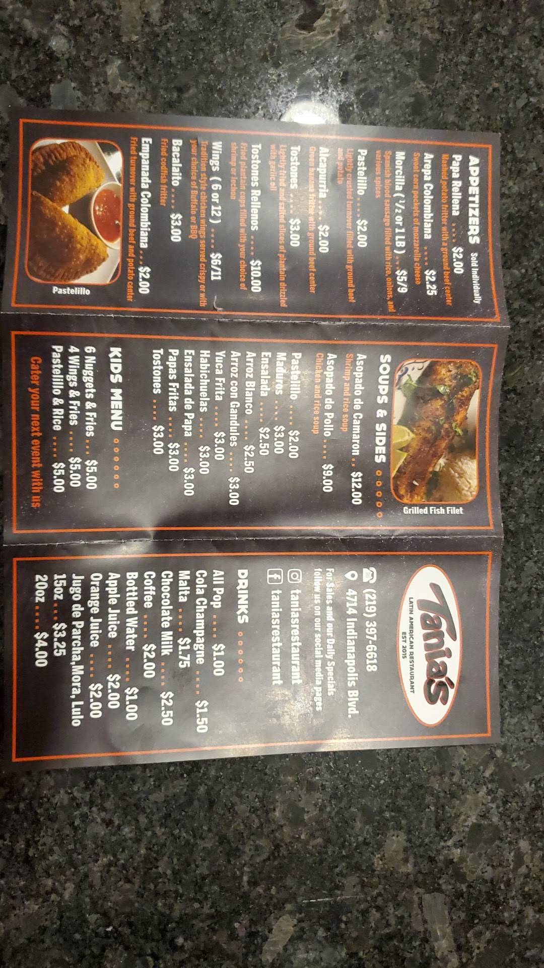 Menu at Tania's Latin American Restaurant, East Chicago