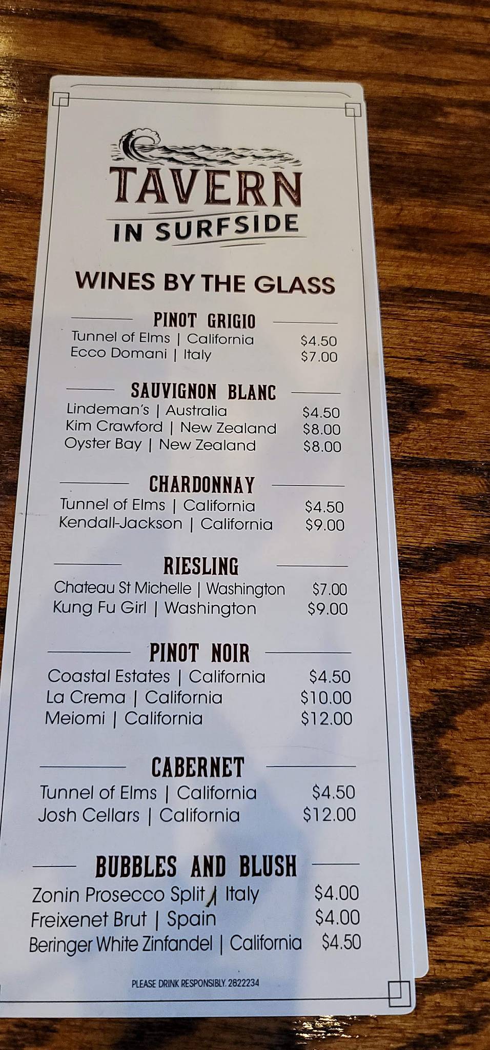 Menu at Tavern In Surfside pub & bar, Myrtle Beach
