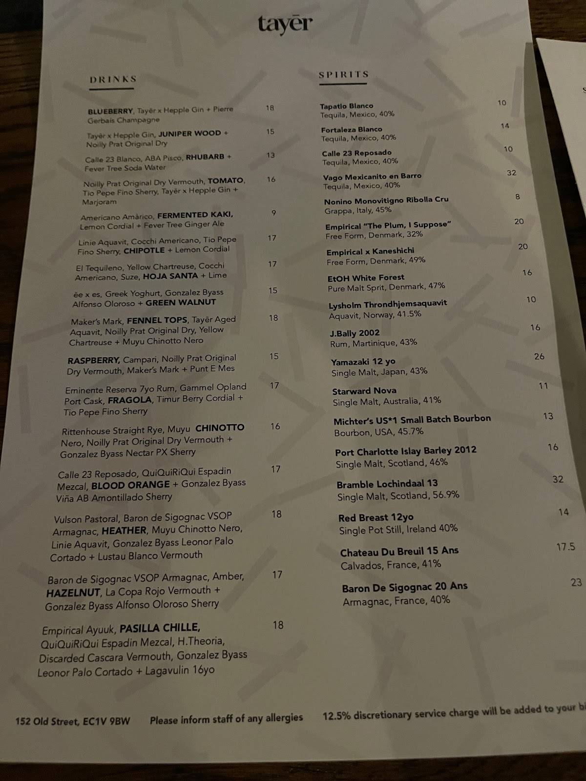 Menu at Tayēr + Elementary pub & bar, London
