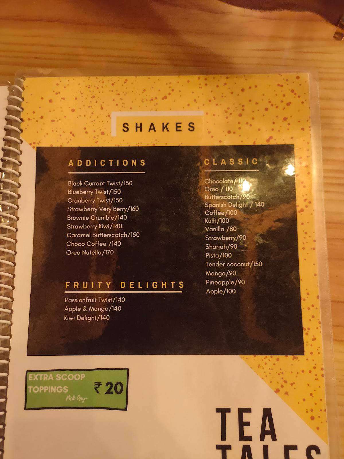 Menu at Tea Tales Cafe, Munnar