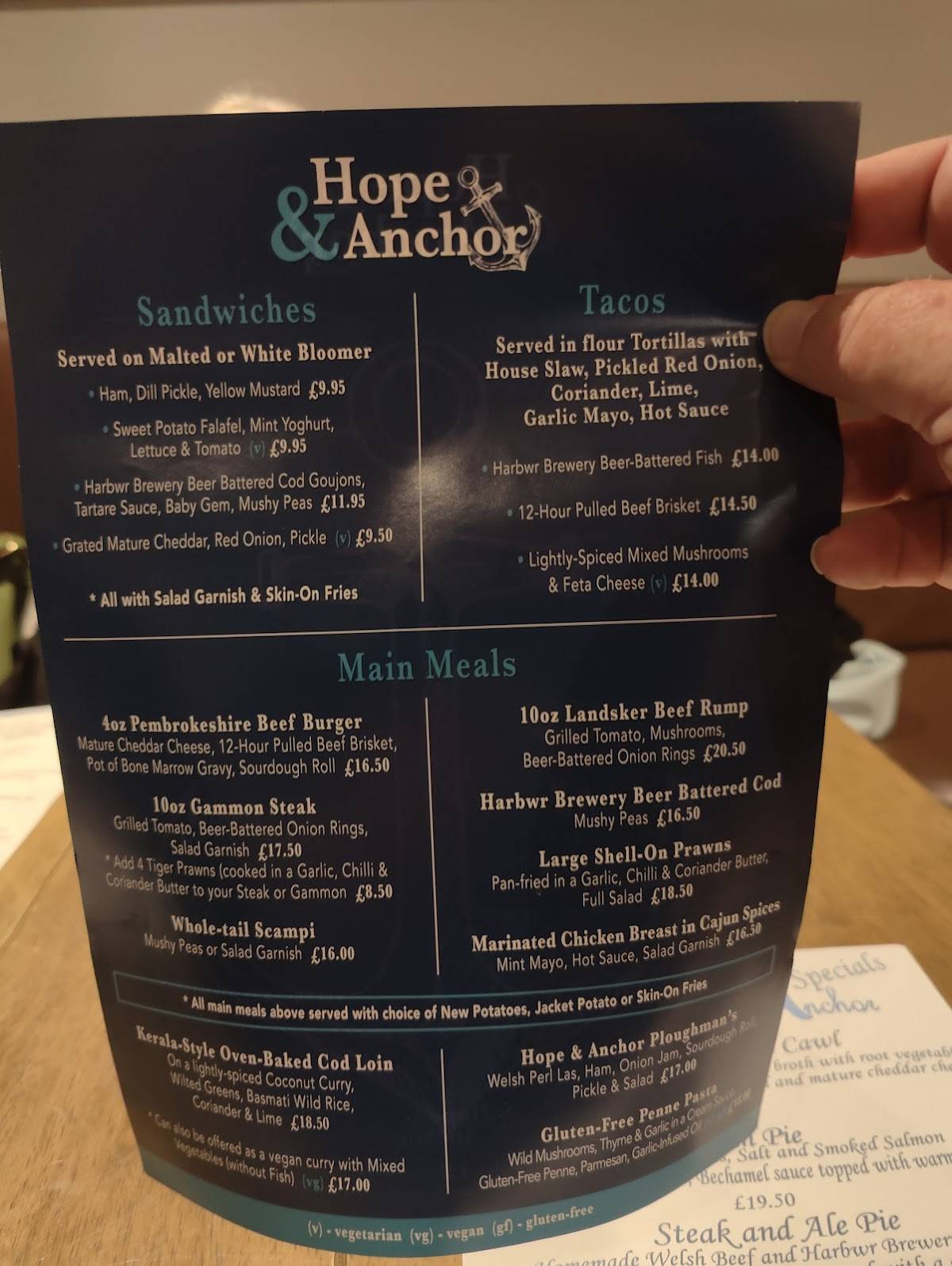 Menu at Hope & Anchor pub & bar, Tenby
