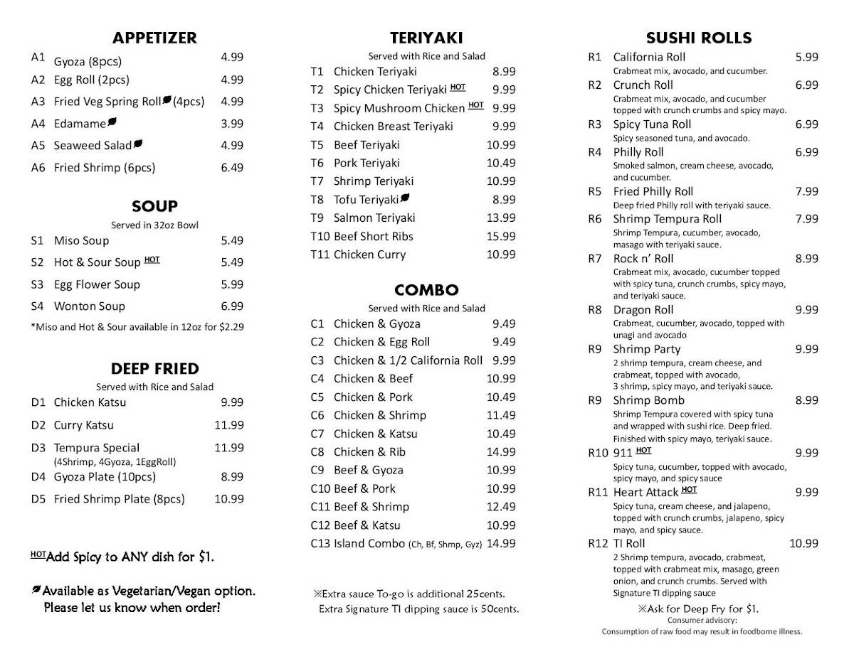 Menu at Teriyaki Island restaurant, Shoreline