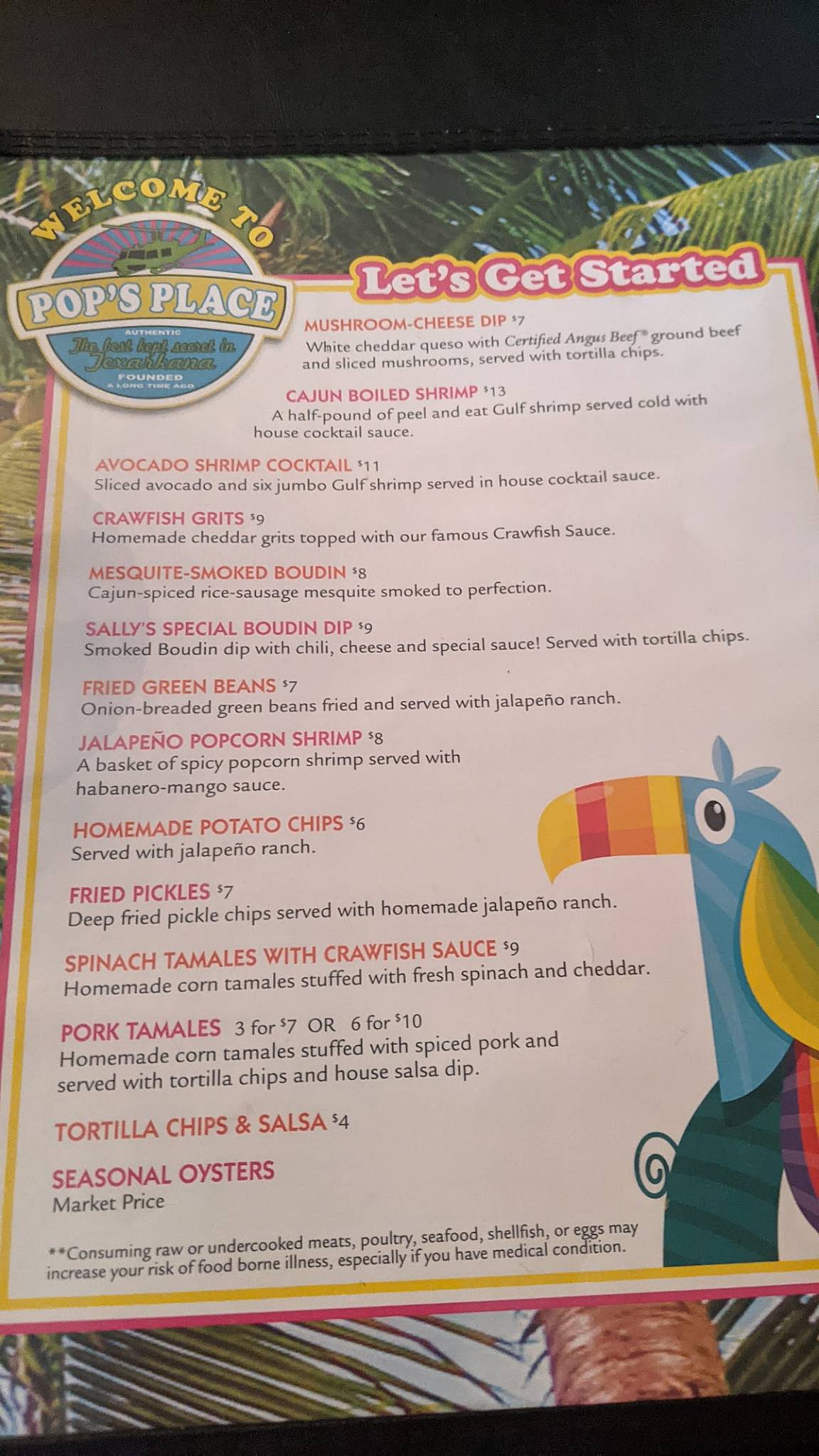 Menu at Pops Place steakhouse, Texarkana, US-67
