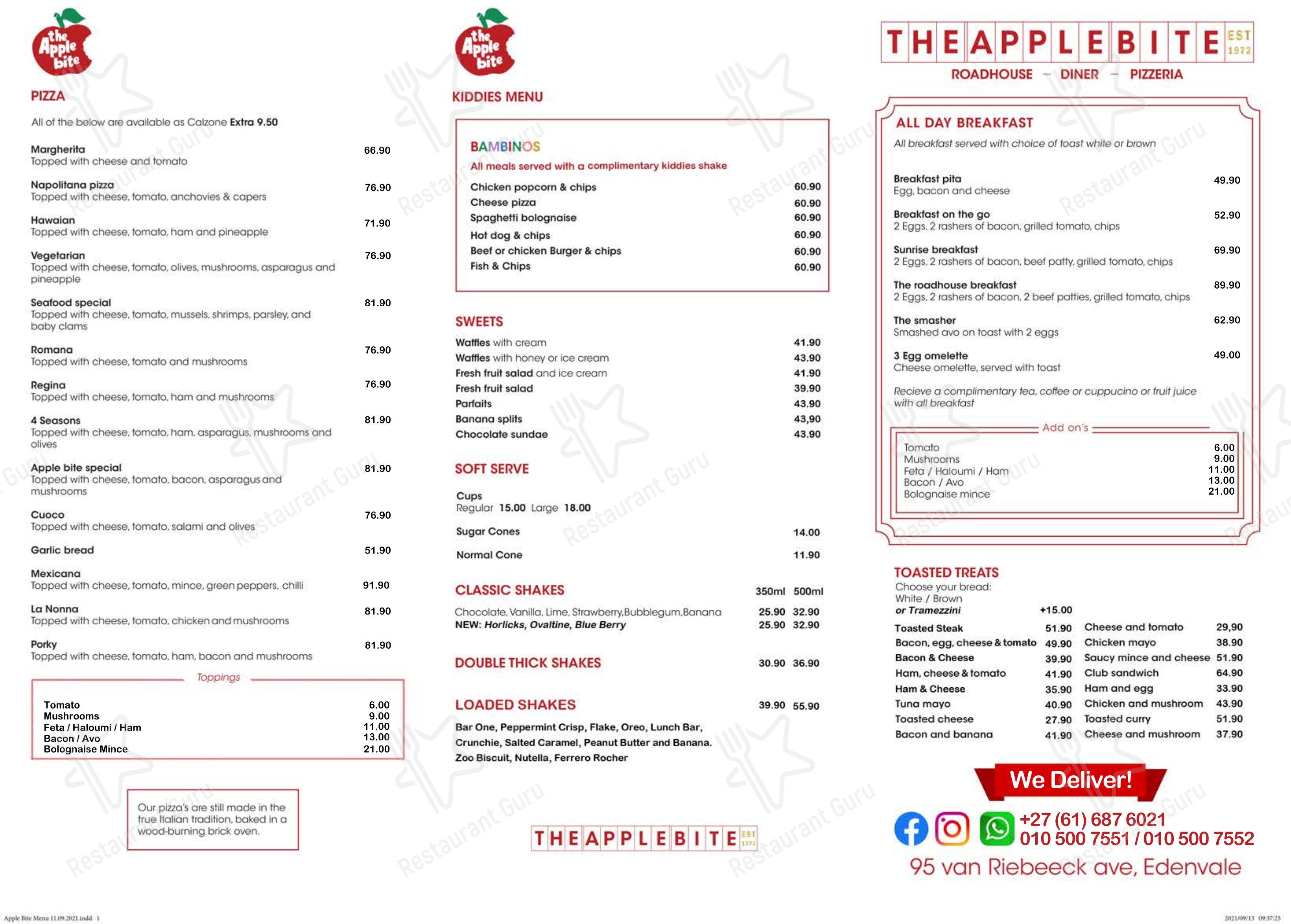 Menu at The Apple Bite restaurant, Edenvale