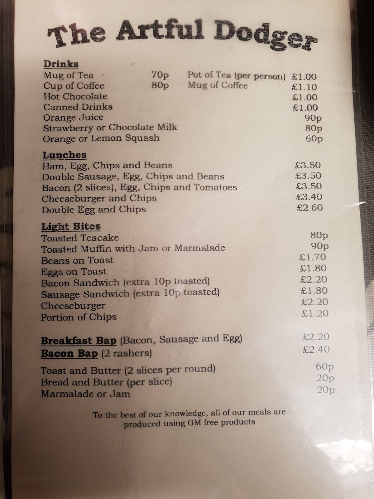 Menu at The Artful Dodger cafe, Burnham-on-Sea