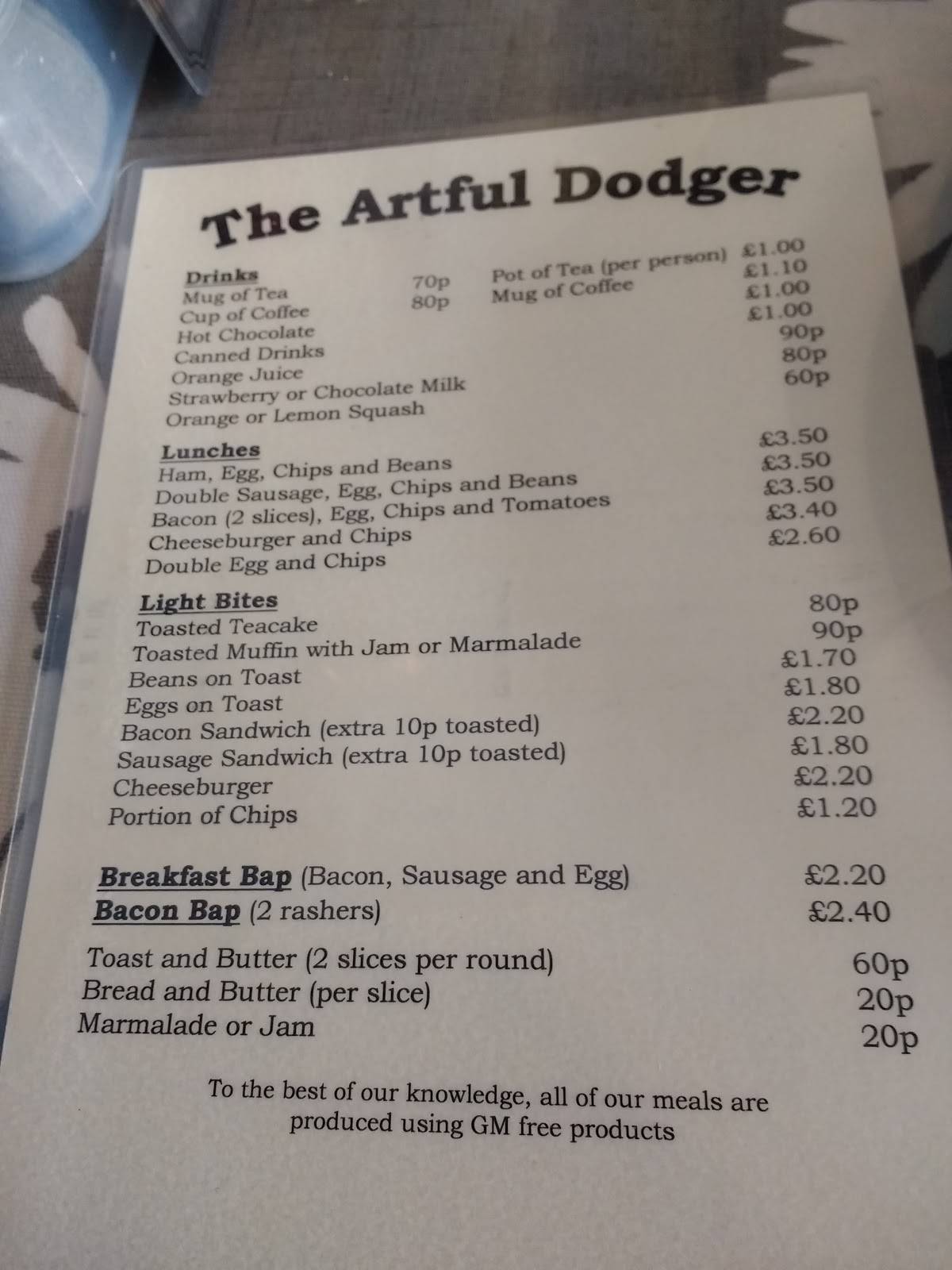 Menu at The Artful Dodger cafe, Burnham-on-Sea