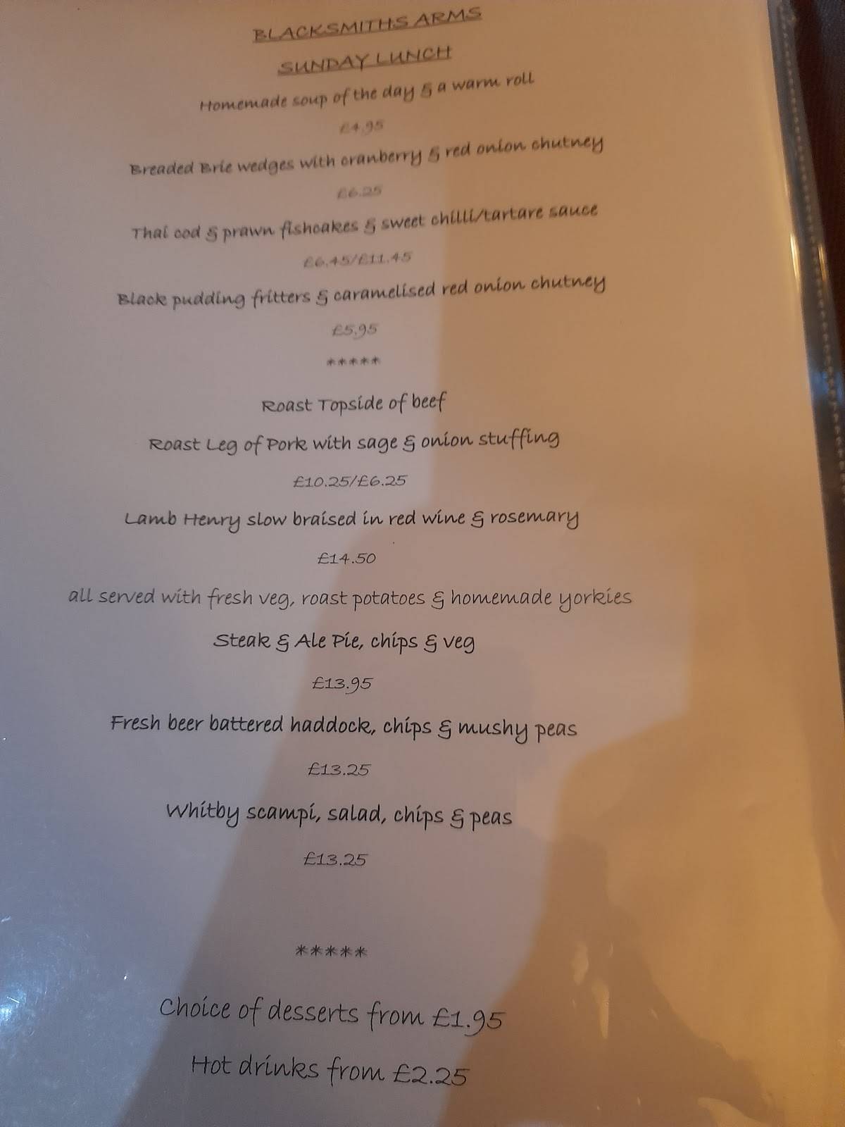 Menu at The Blacksmiths Arms pub & bar, Newton-on-Ouse, Cherry Tree Ave