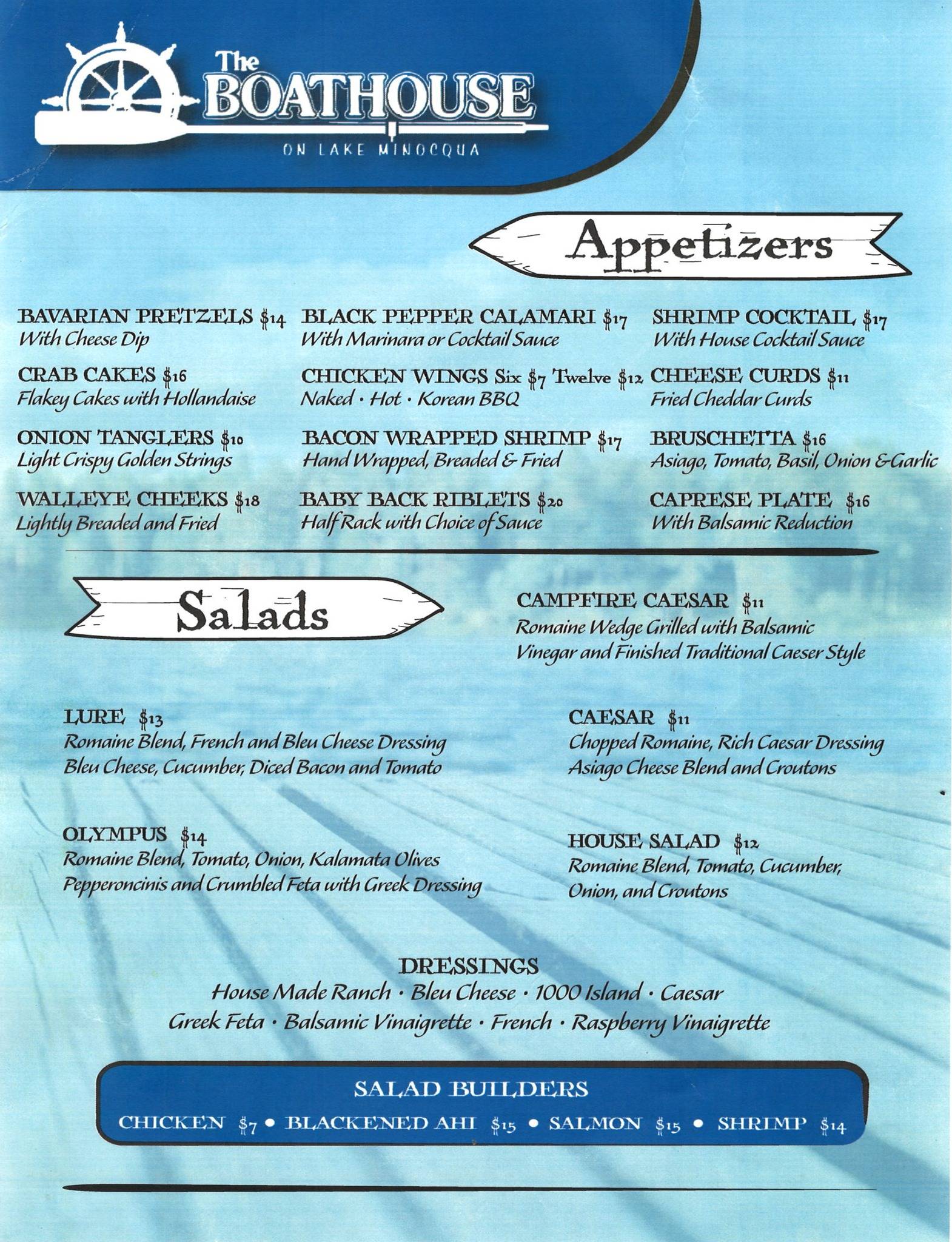 Menu at The Boathouse steakhouse, Minocqua