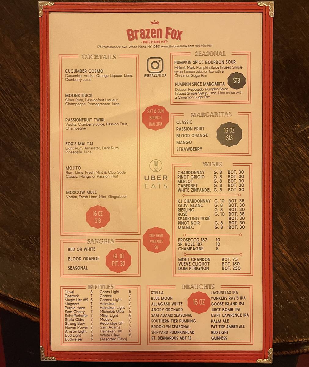 Menu at The Brazen Fox pub & bar, White Plains