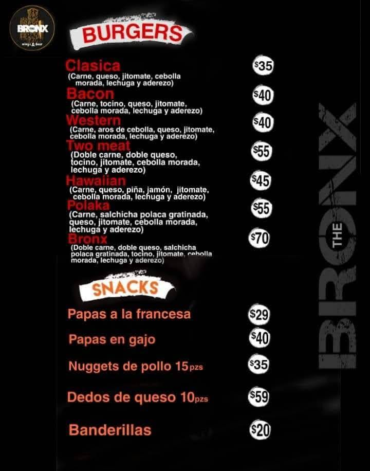 Menu at The Bronx Wings & Beer restaurant, Aguascalientes