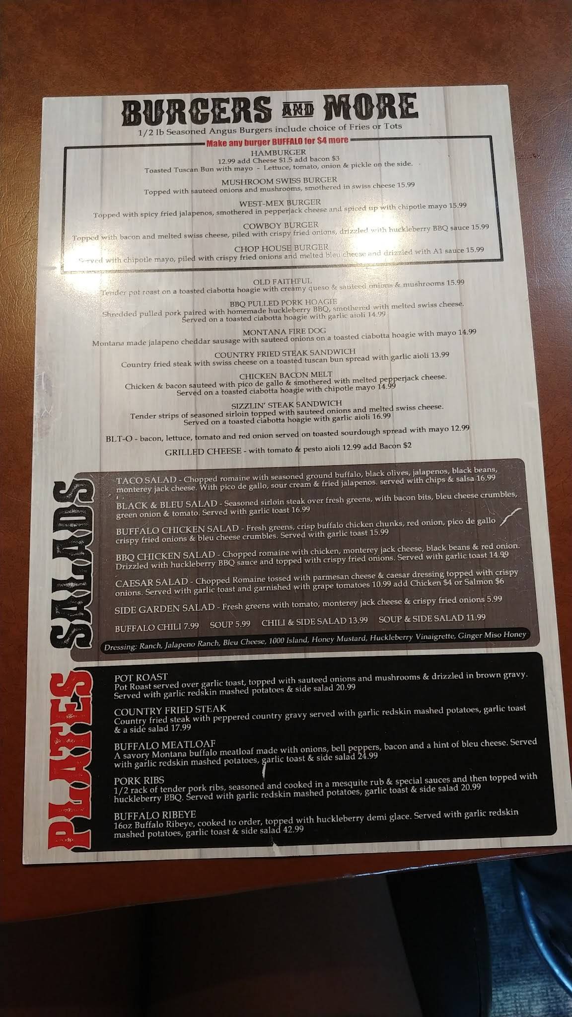 Menu at The Buffalo Bar, West Yellowstone