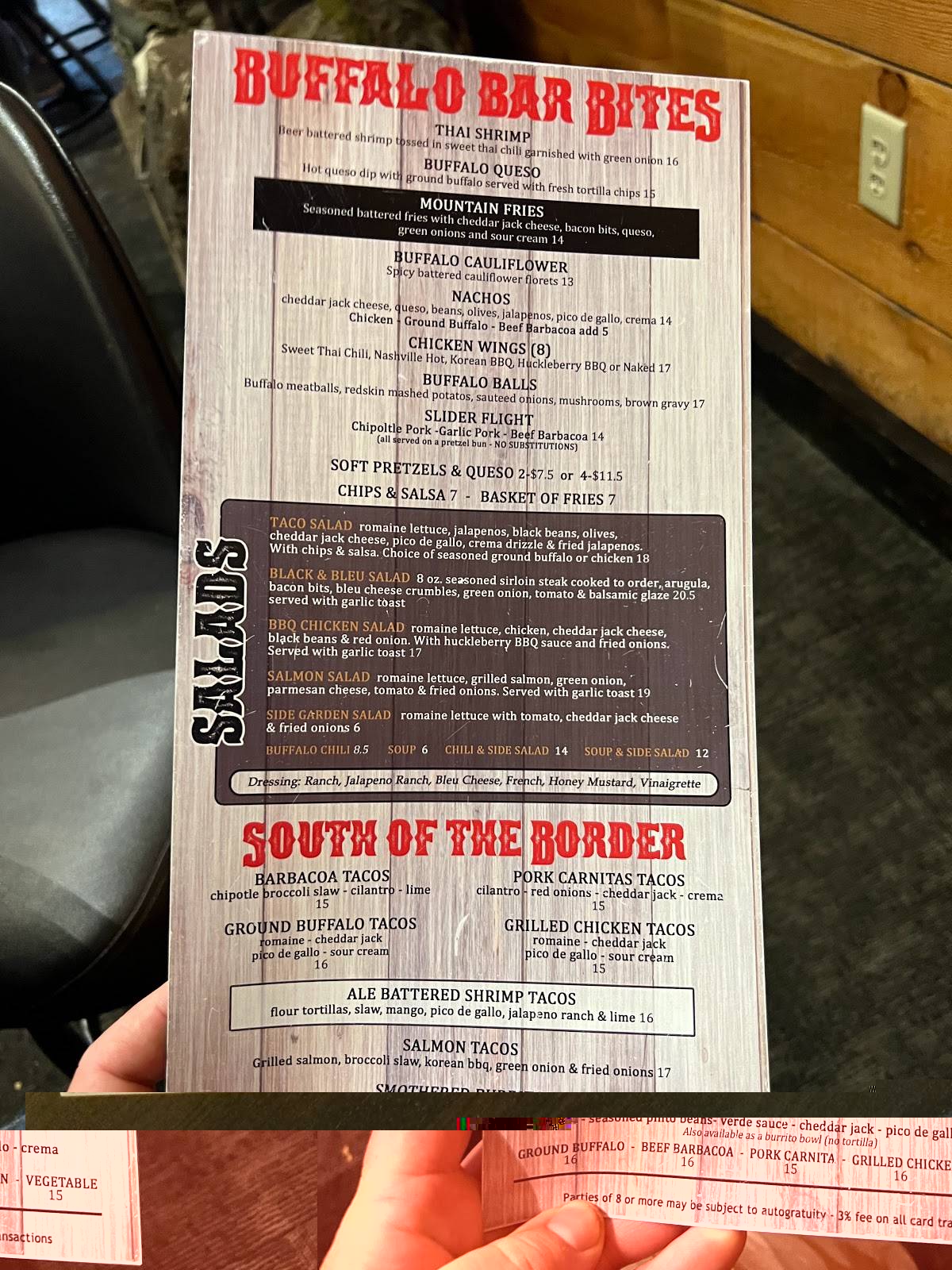 Menu at The Buffalo Bar, West Yellowstone