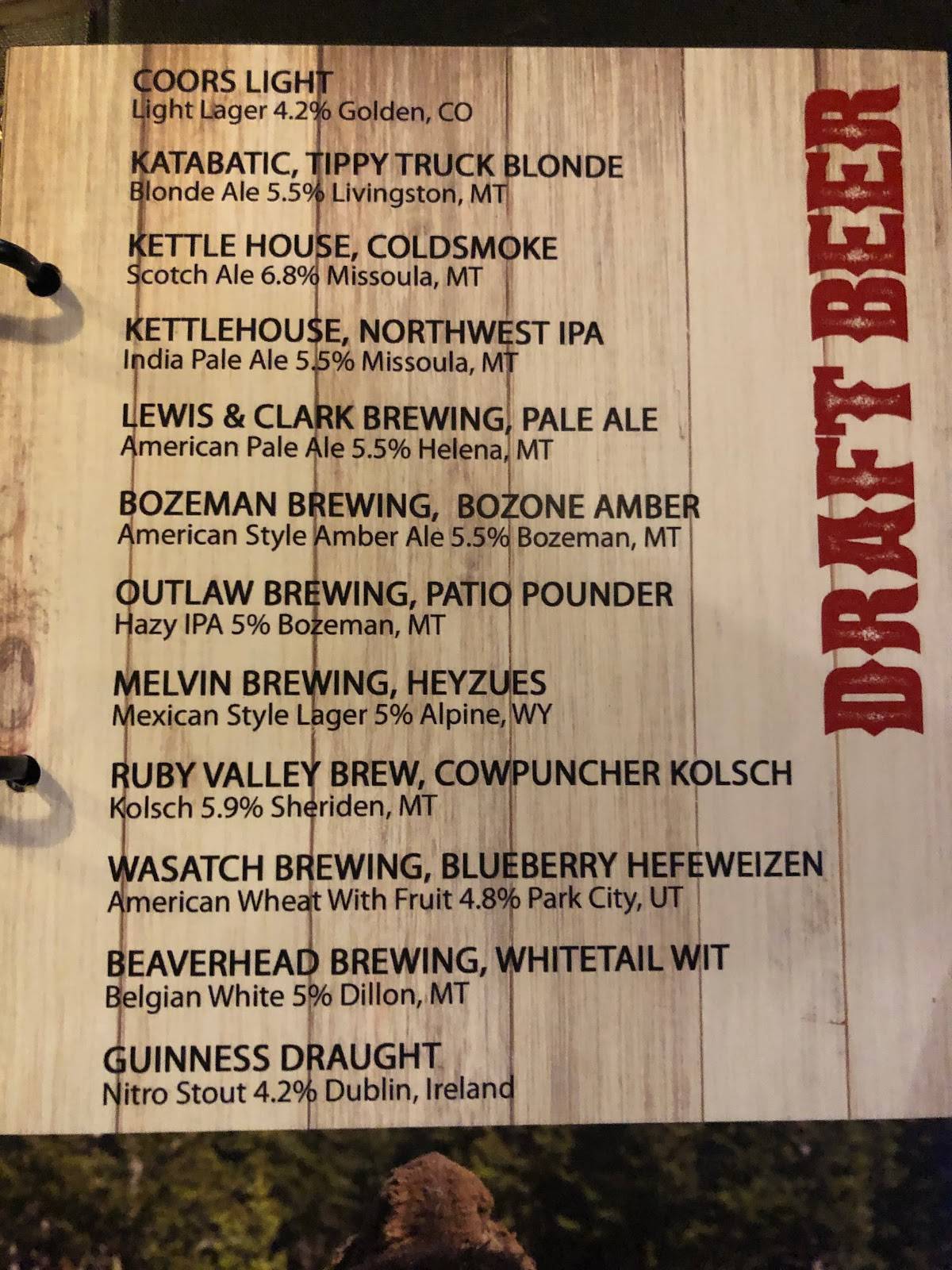Menu at The Buffalo Bar, West Yellowstone