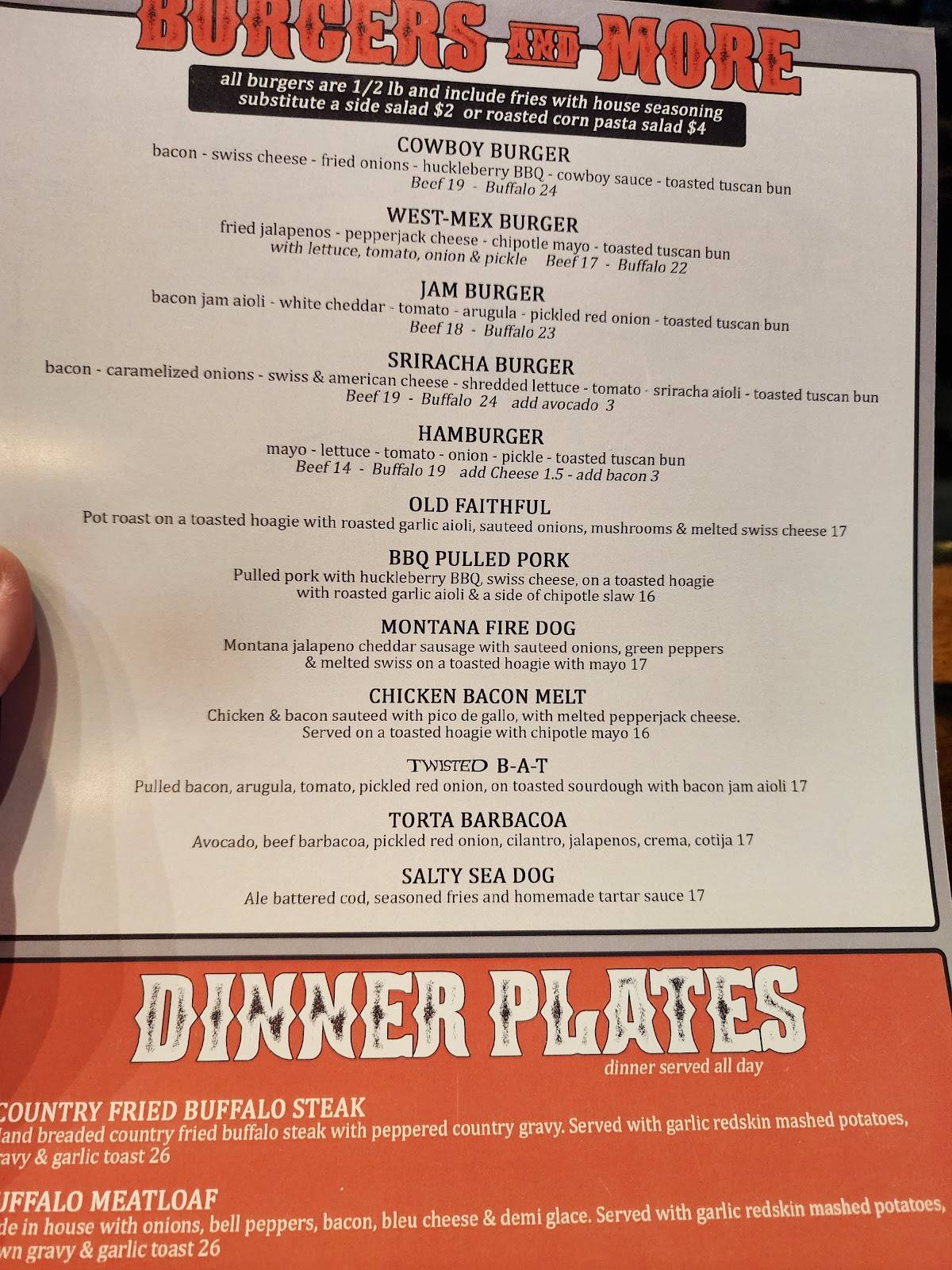 Menu at The Buffalo Bar, West Yellowstone