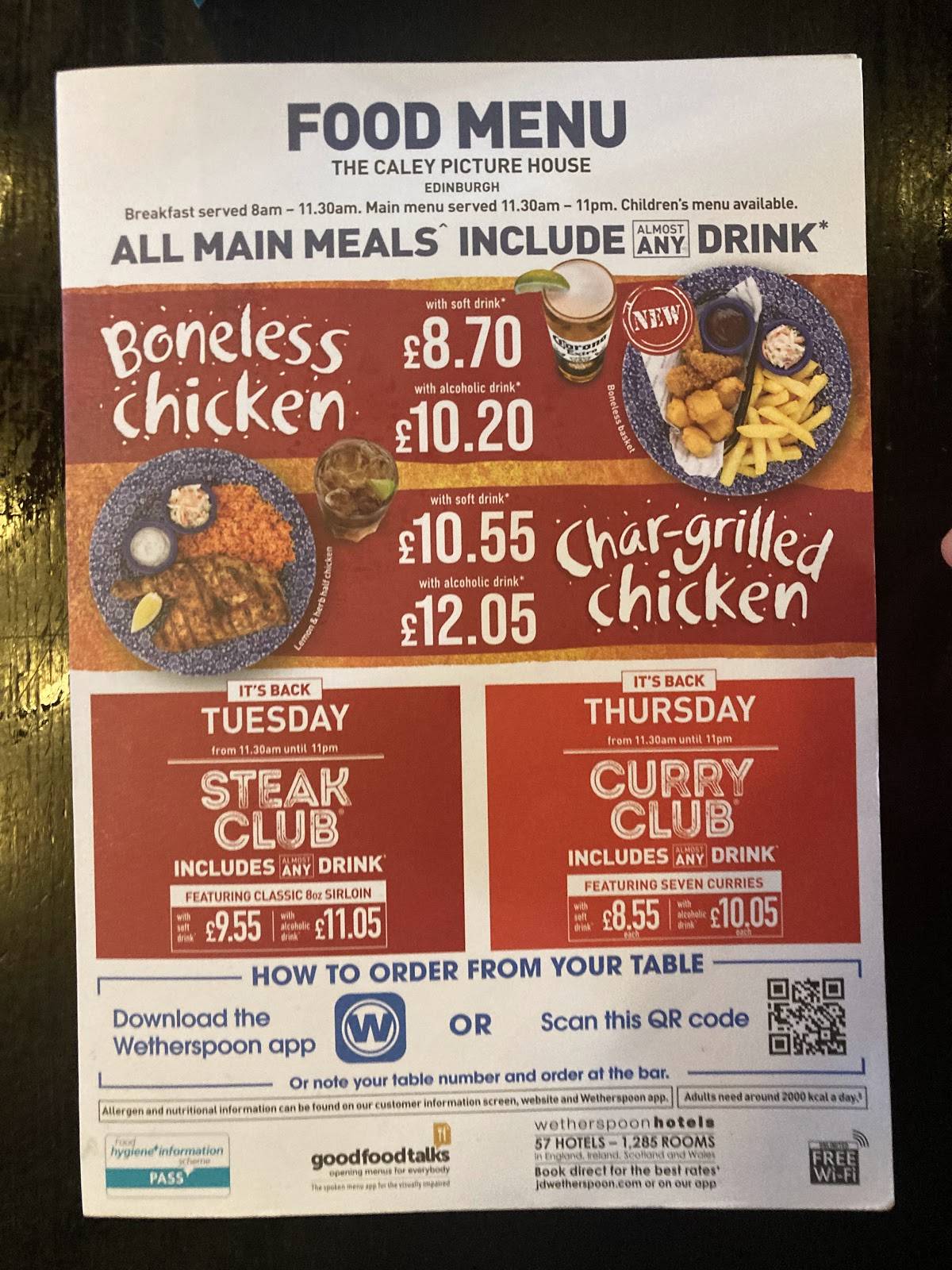 Menu at The Caley Picture House - JD Wetherspoon pub & bar, Edinburgh