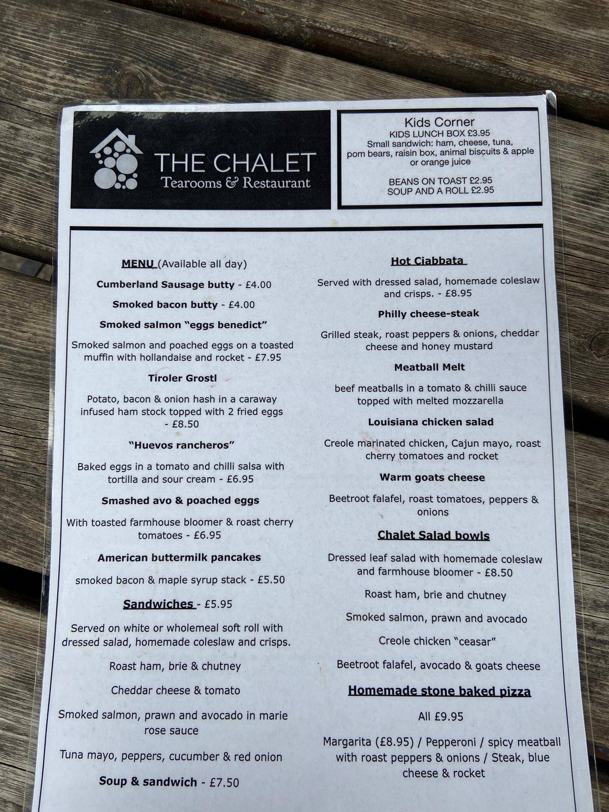 Menu at The Chalet Tearooms & Restaurant, Keswick