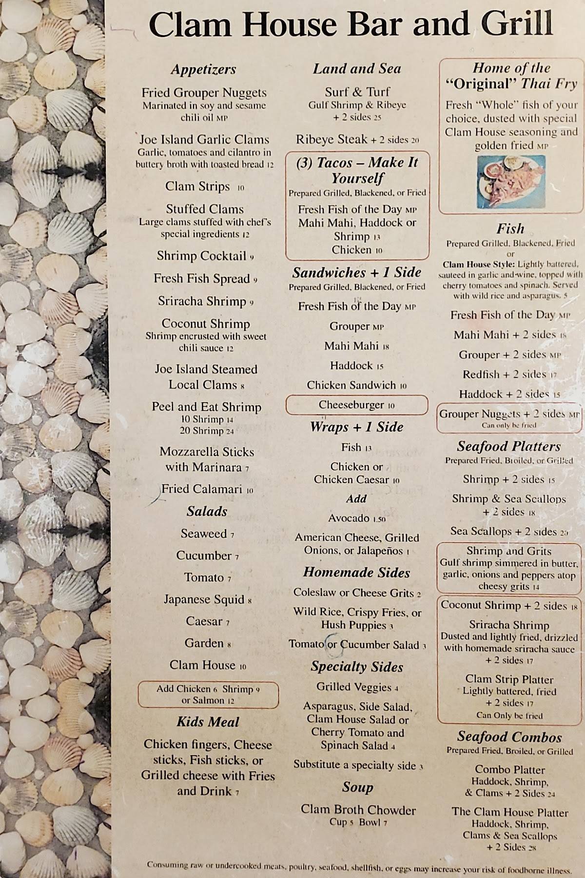 Menu at The Clam House Bar & Grill, Palmetto