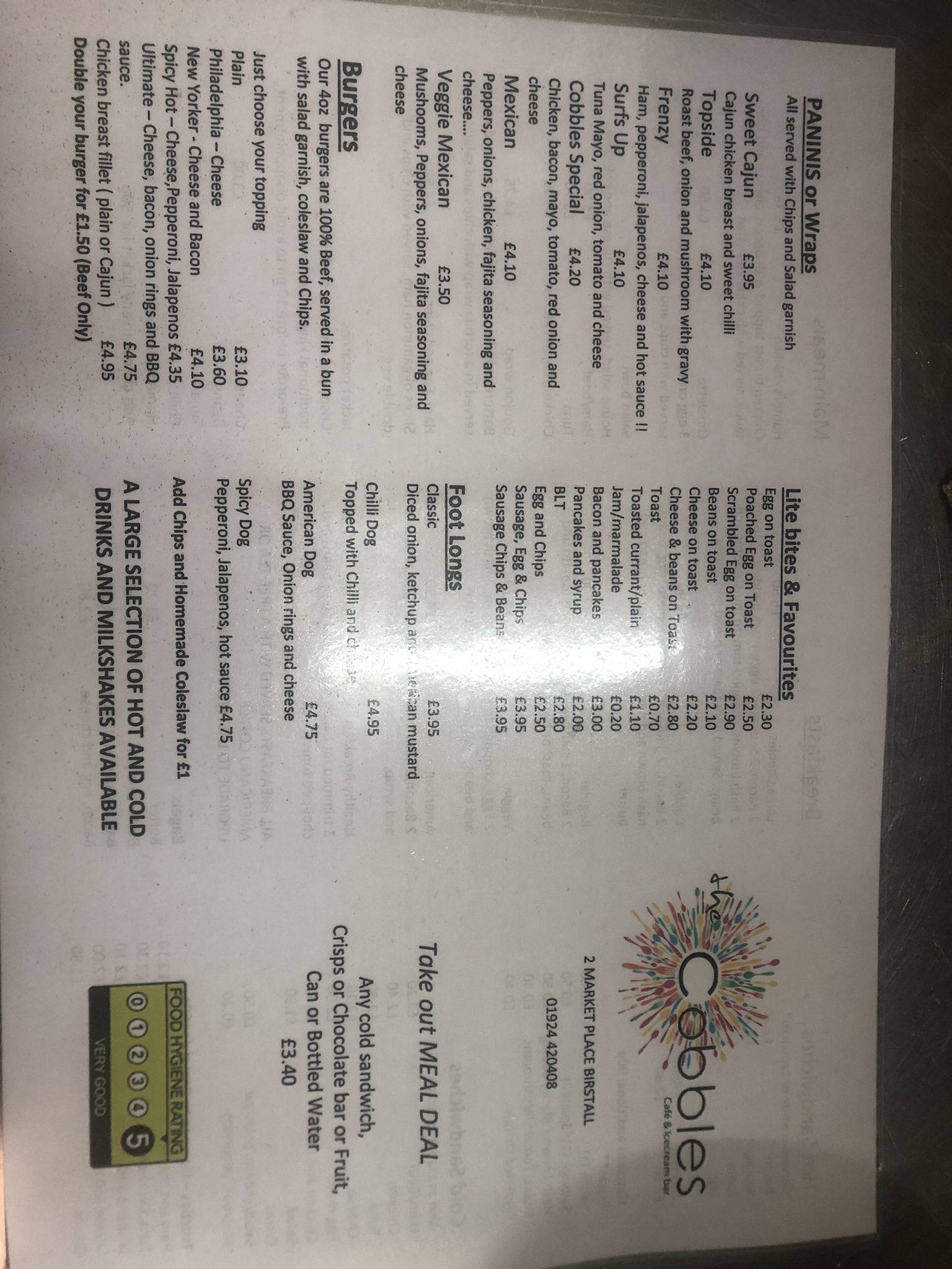 Menu at The Cobbles cafe, Batley