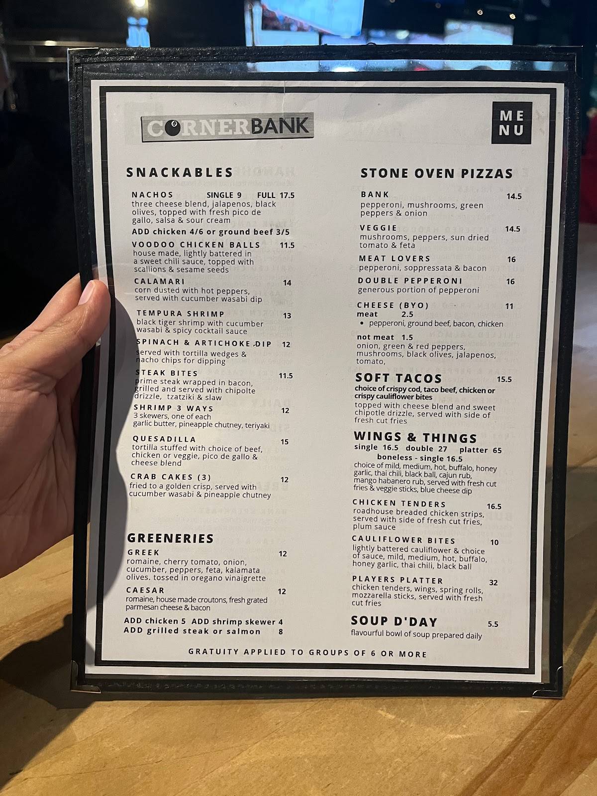 Menu at The Corner Bank Sports Bar & Grill, Toronto