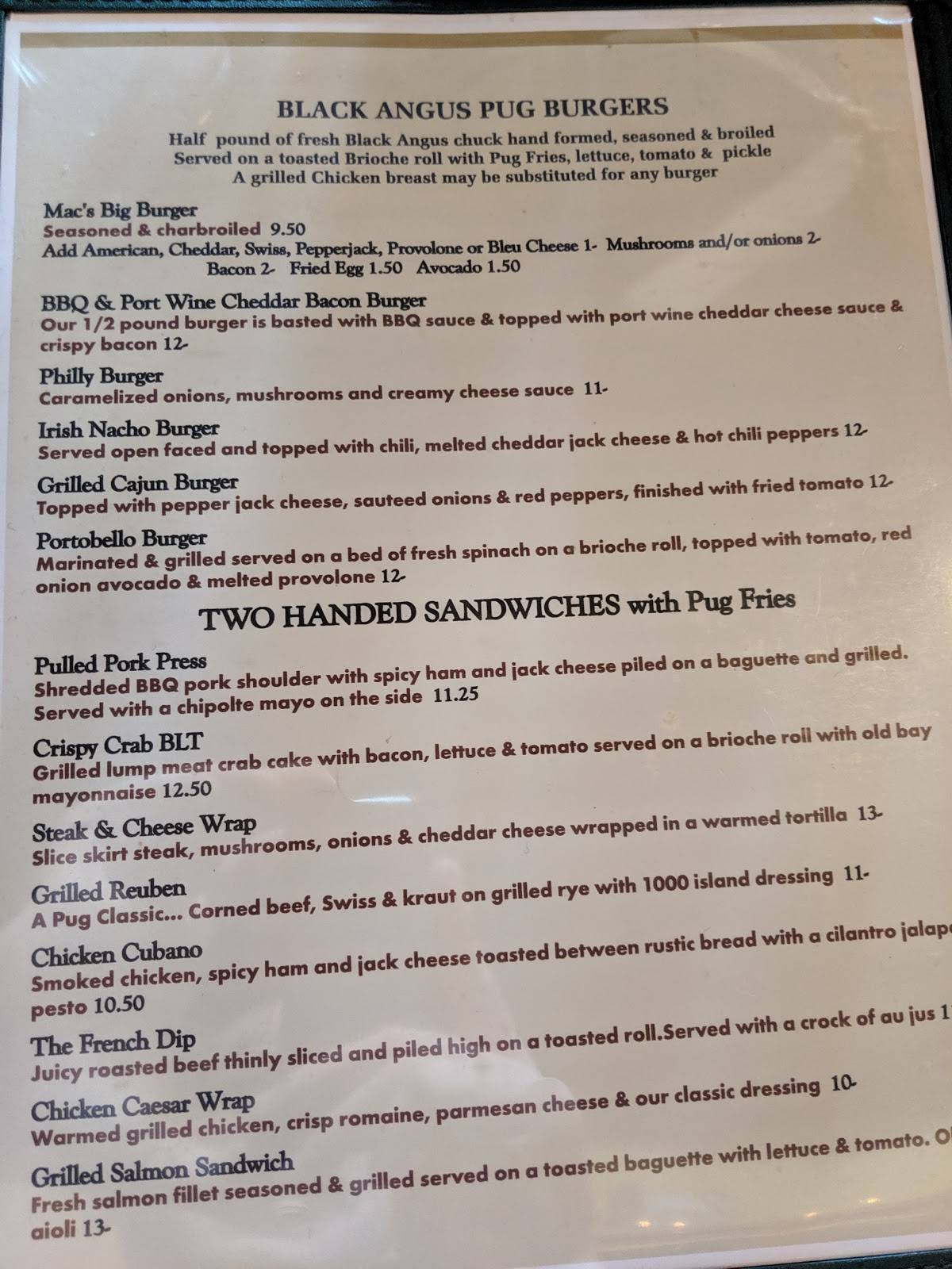 Menu at The Corner Pug pub & bar, West Hartford