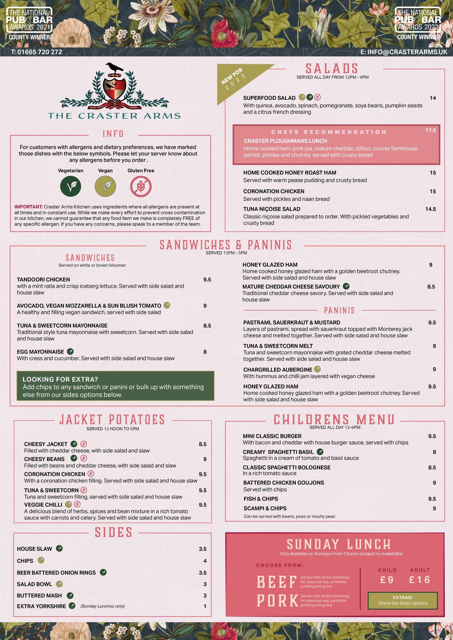 Menu at The Craster Arms restaurant, Beadnell