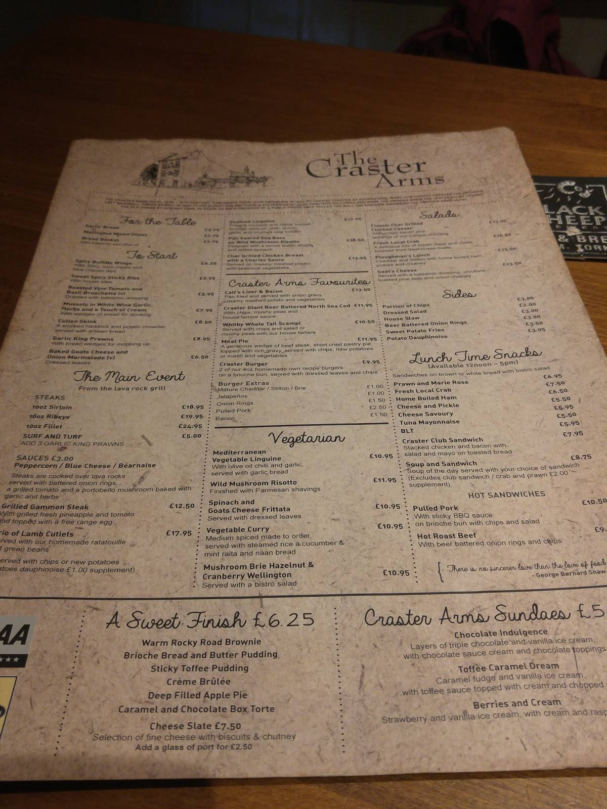 Menu at The Craster Arms restaurant, Beadnell