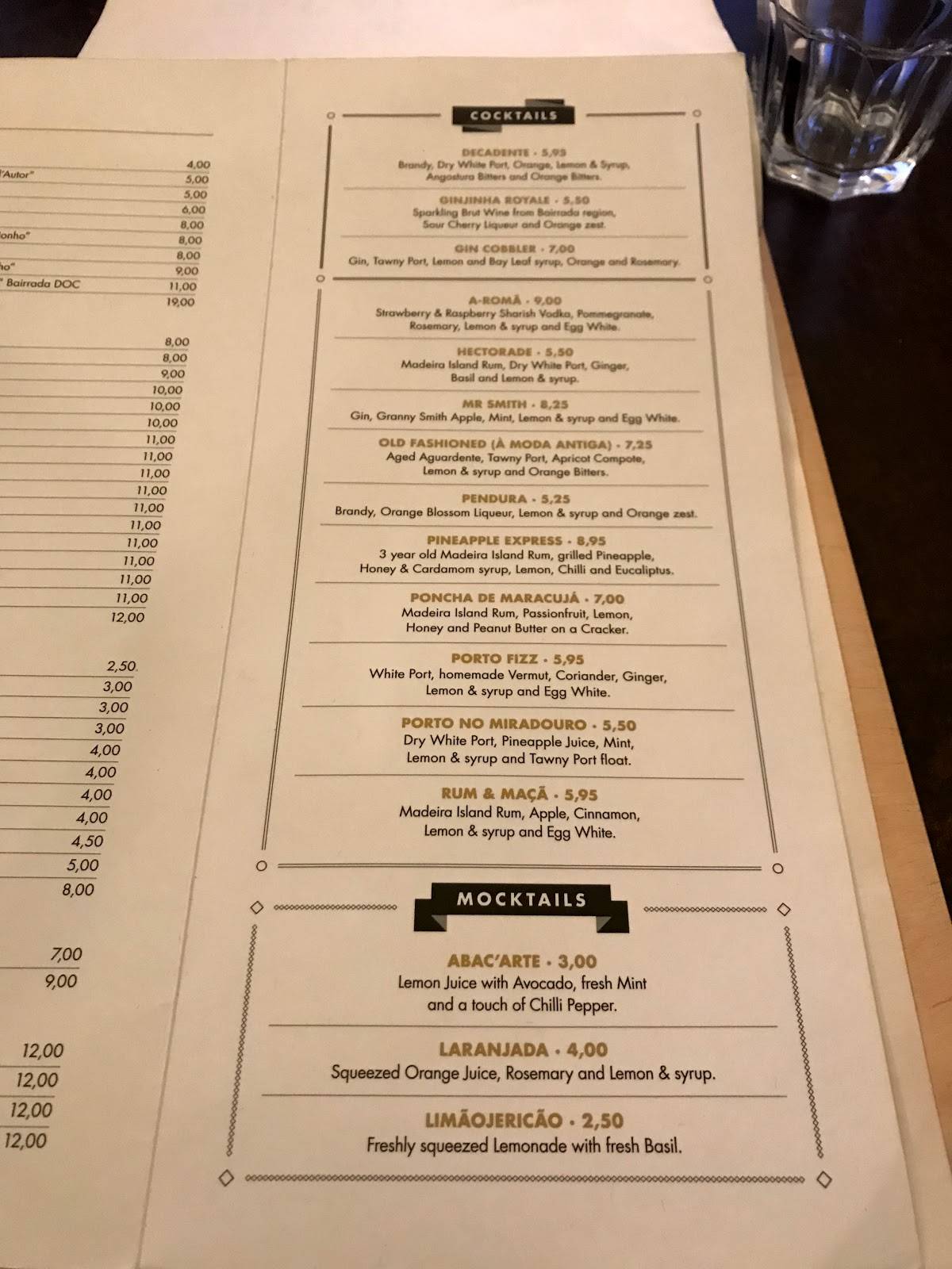 Menu at The Decadente restaurant, Lisbon