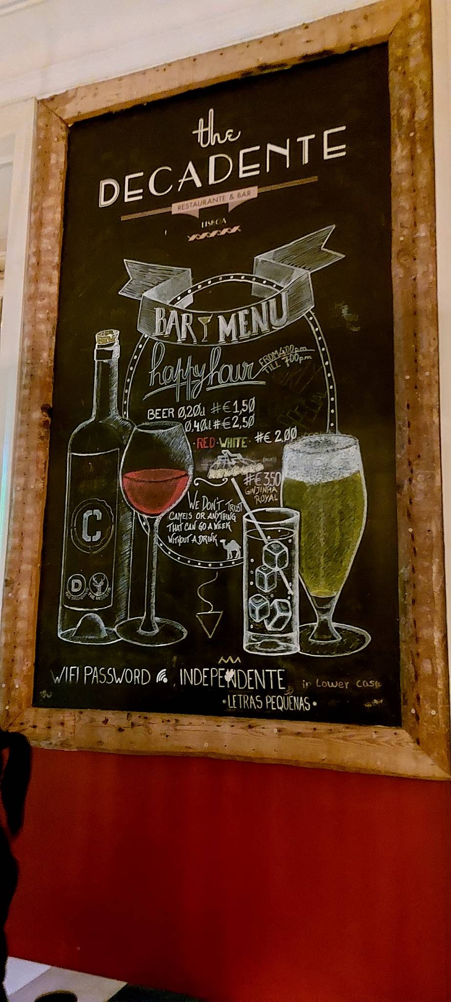 Menu at The Decadente restaurant, Lisbon