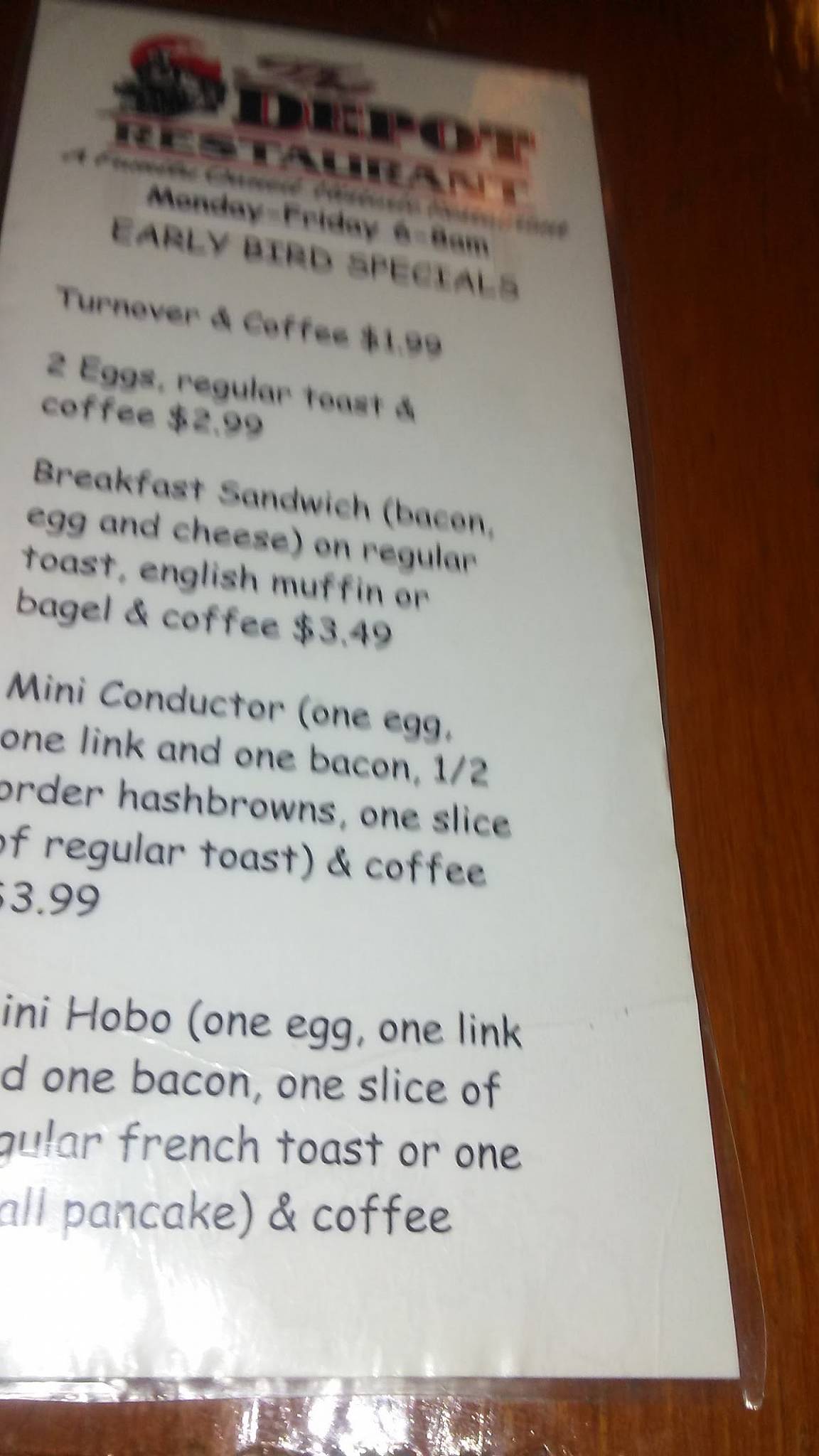 Menu at The Depot Restaurant, Grant