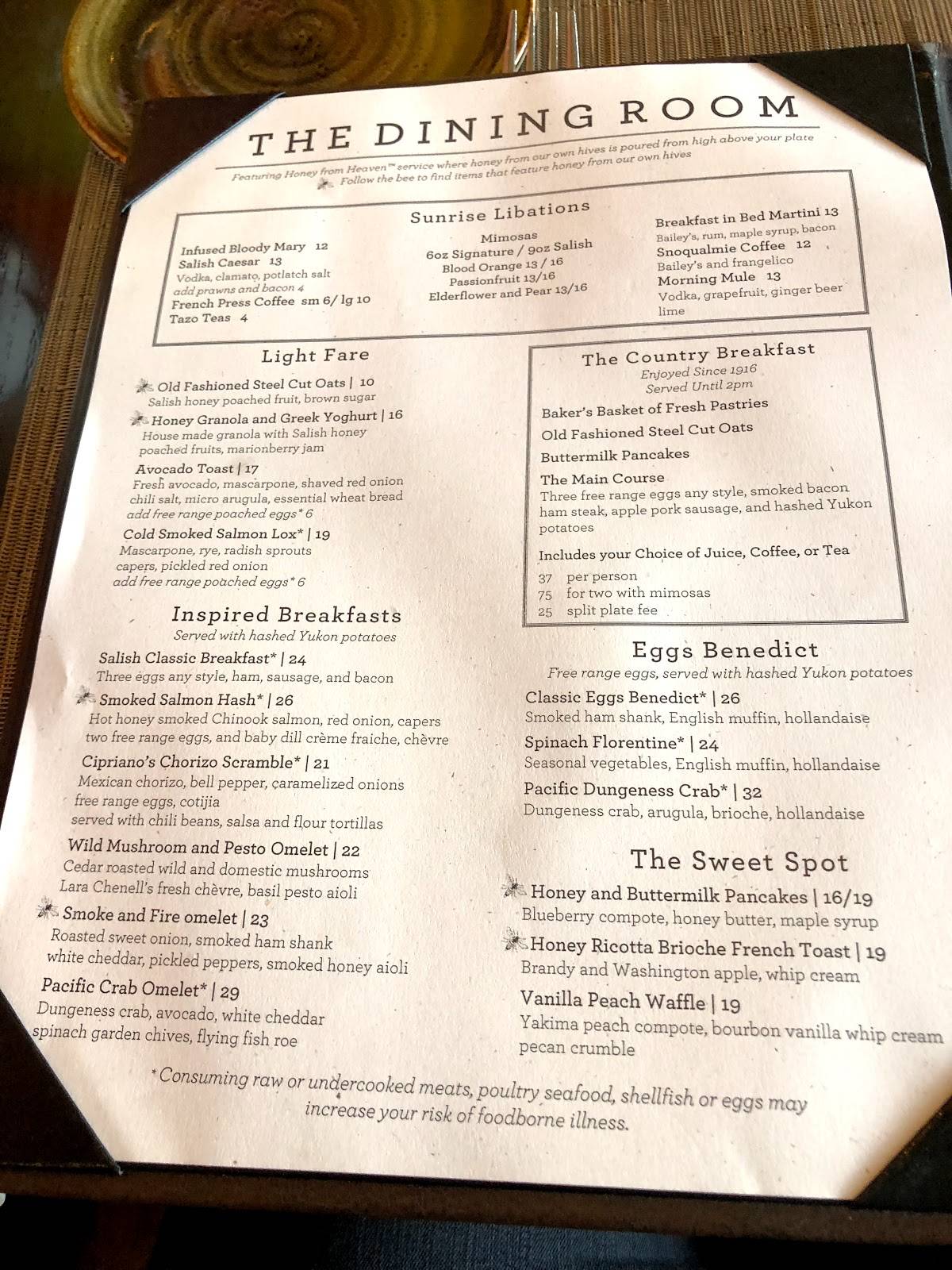 Menu at The Dining Room @ Salish Lodge & Spa pub & bar, Snoqualmie
