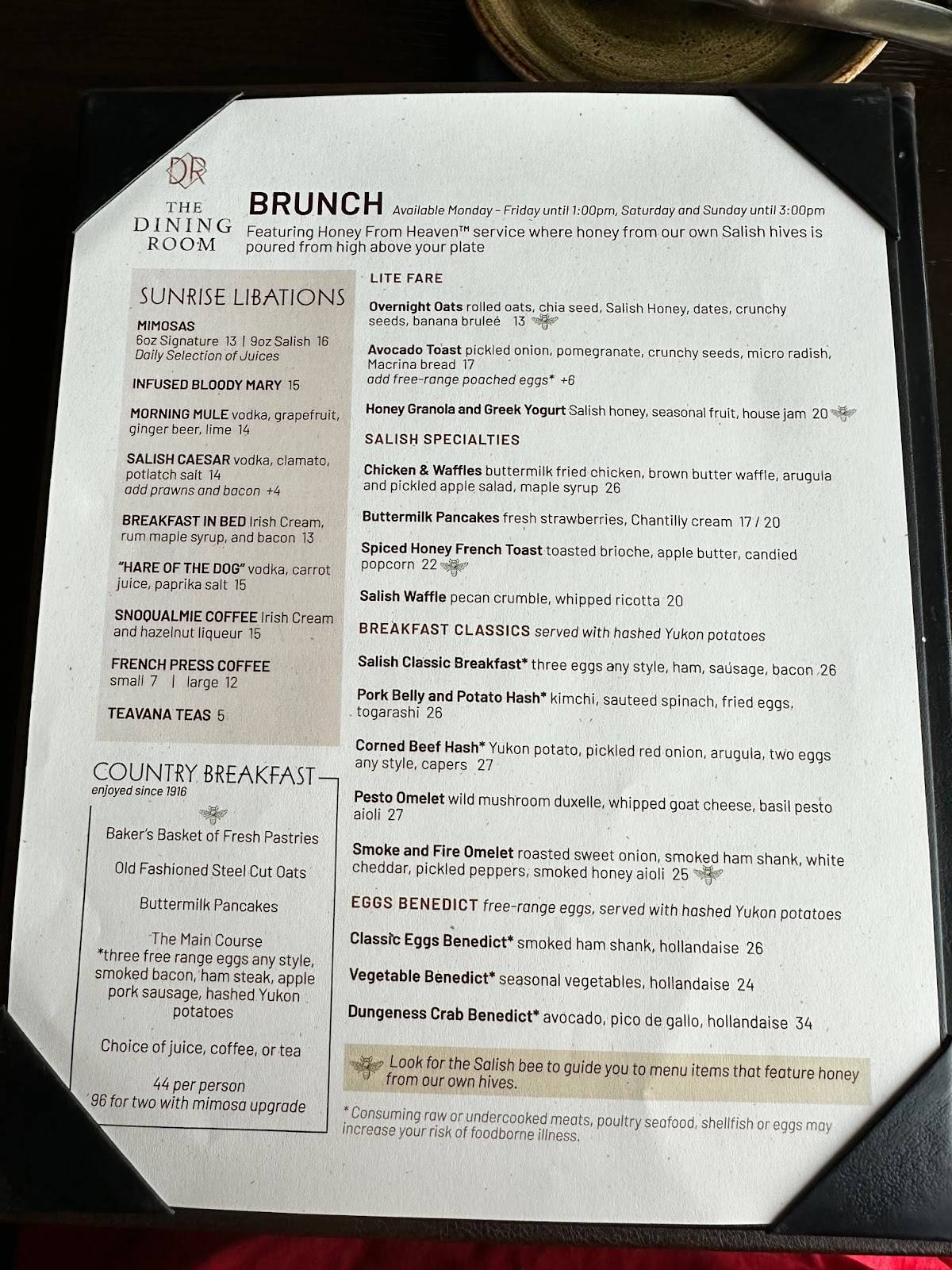 Menu at The Dining Room @ Salish Lodge & Spa pub & bar, Snoqualmie