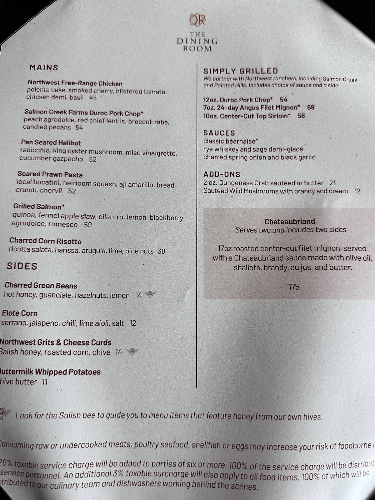 Menu at The Dining Room @ Salish Lodge & Spa pub & bar, Snoqualmie