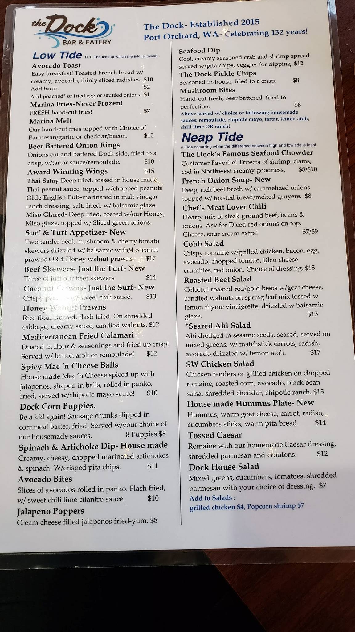 Menu at The Dock Bar & Eatery, Port Orchard