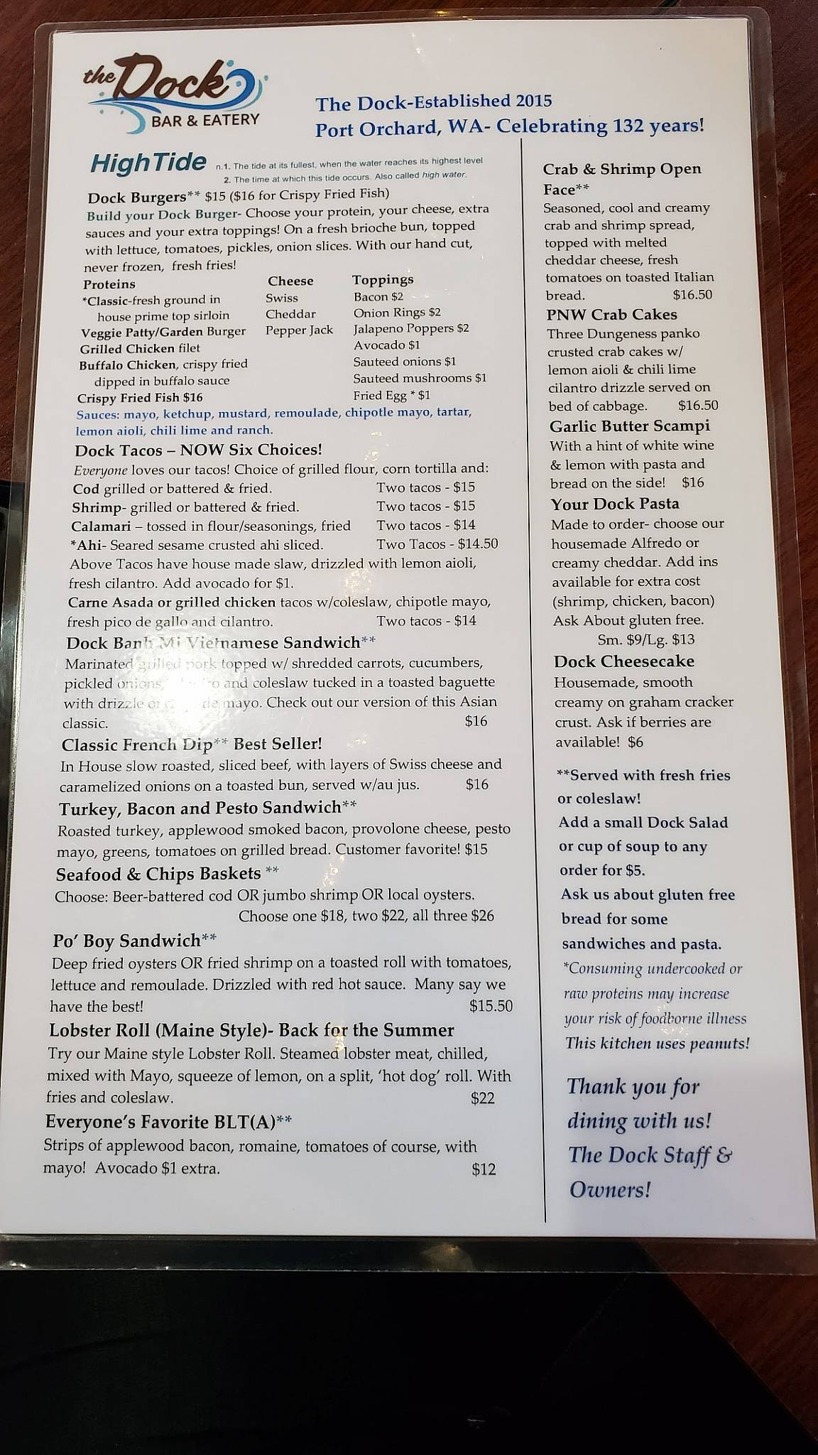 Menu at The Dock Bar & Eatery, Port Orchard