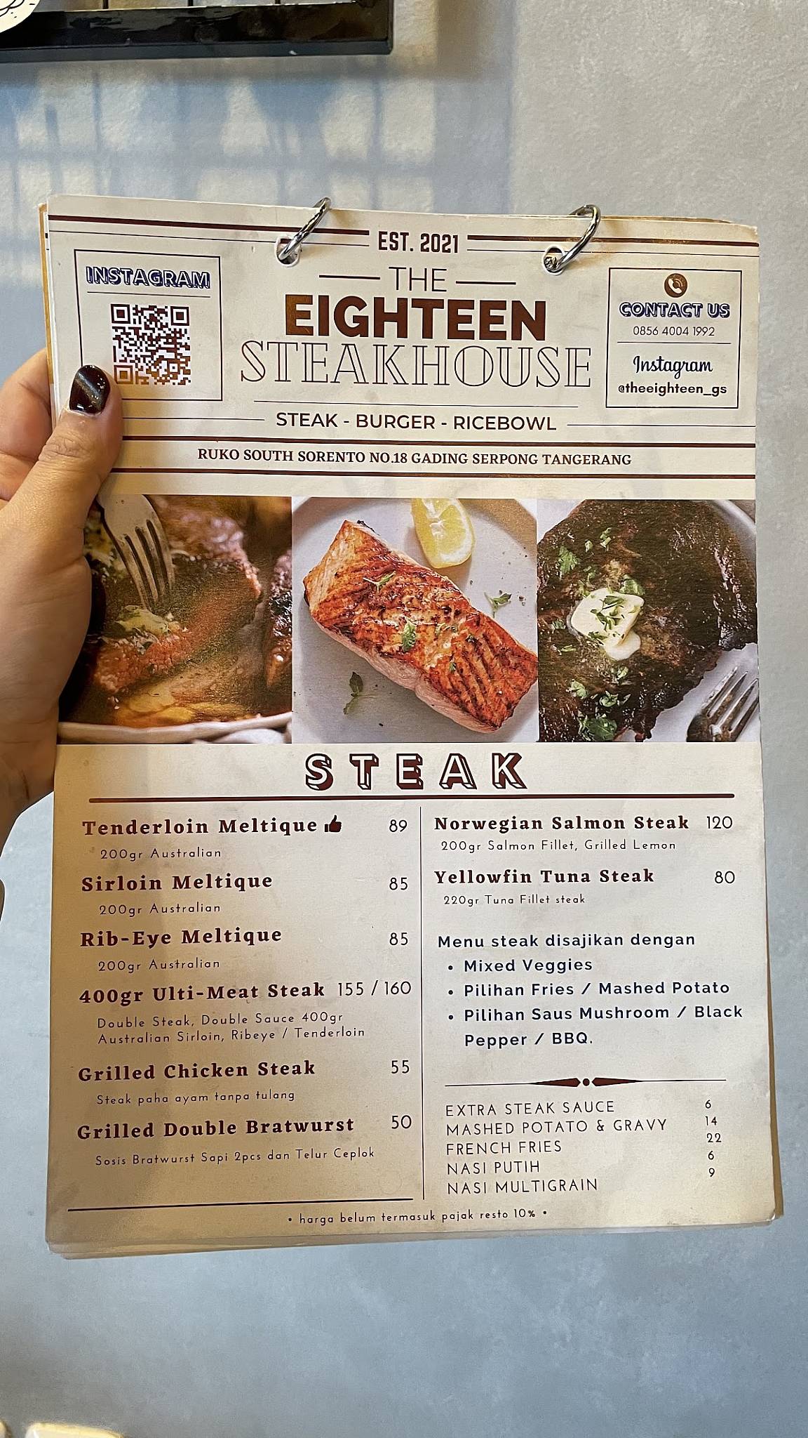 Menu at The Eighteen Steakhouse, Curug Sangereng