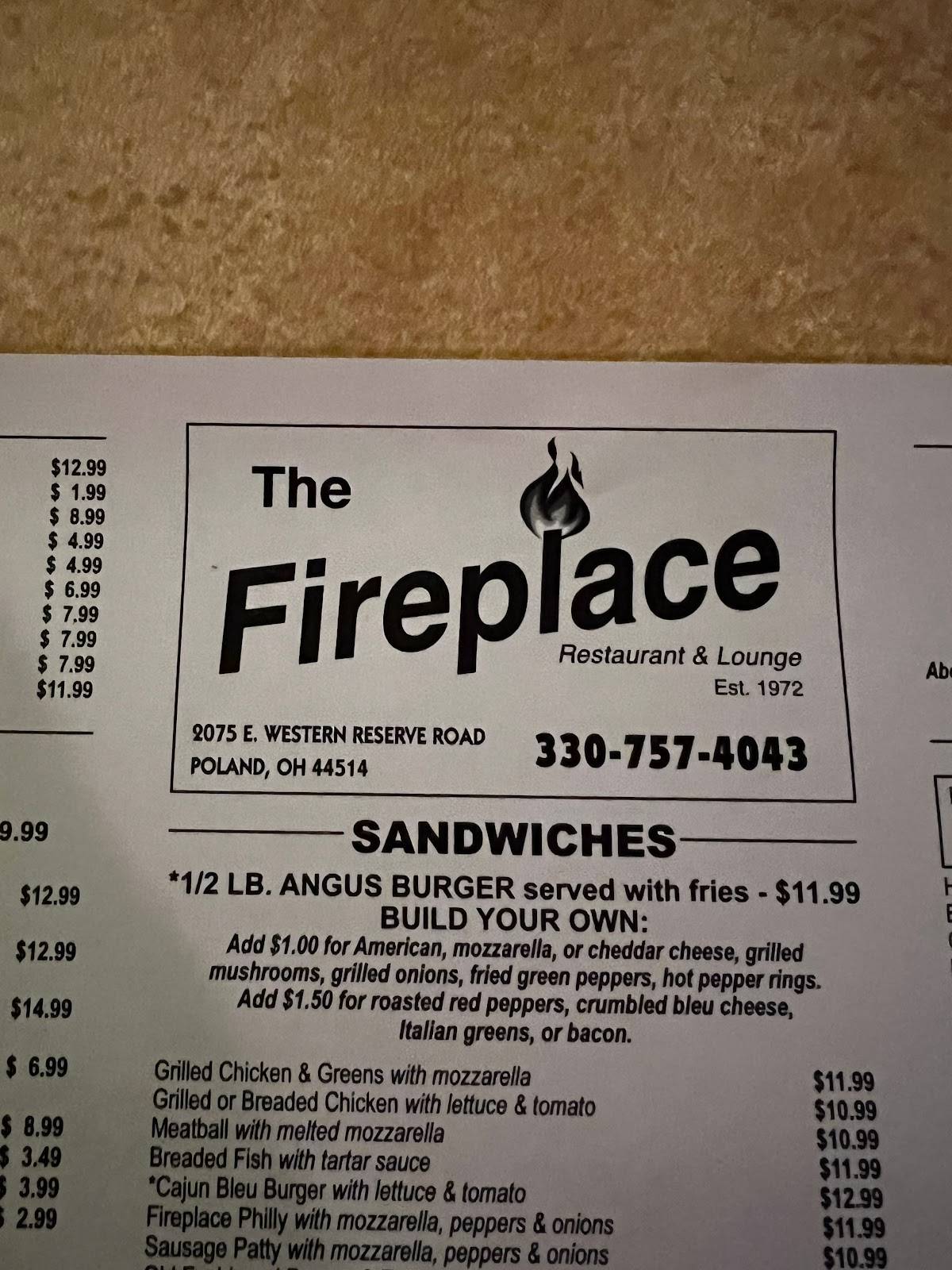 Menu at The Fireplace restaurant, Boardman