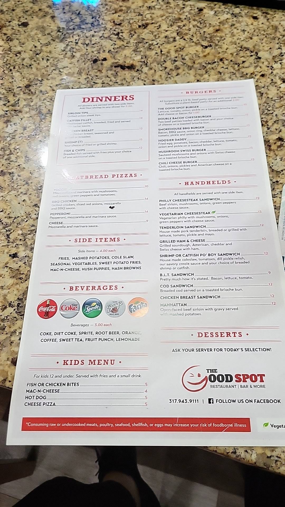 Menu at The Good Spot restaurant, Indianapolis