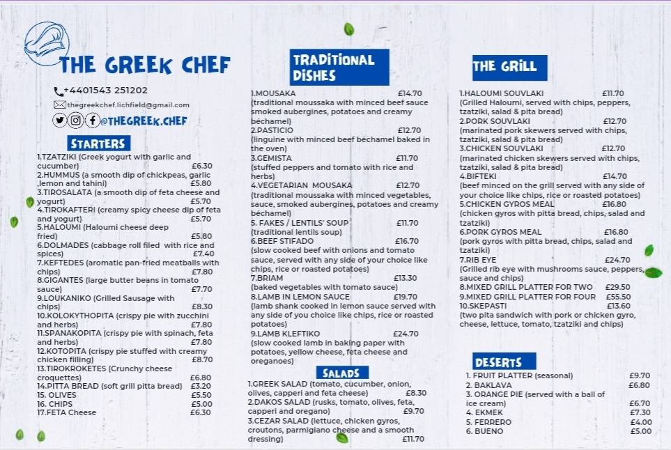 Menu at The Greek Chef restaurant, Lichfield