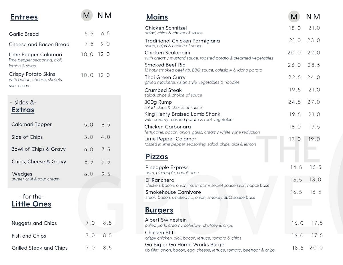 Menu at The Grove pub & bar, Andergrove, 64 Andergrove Rd