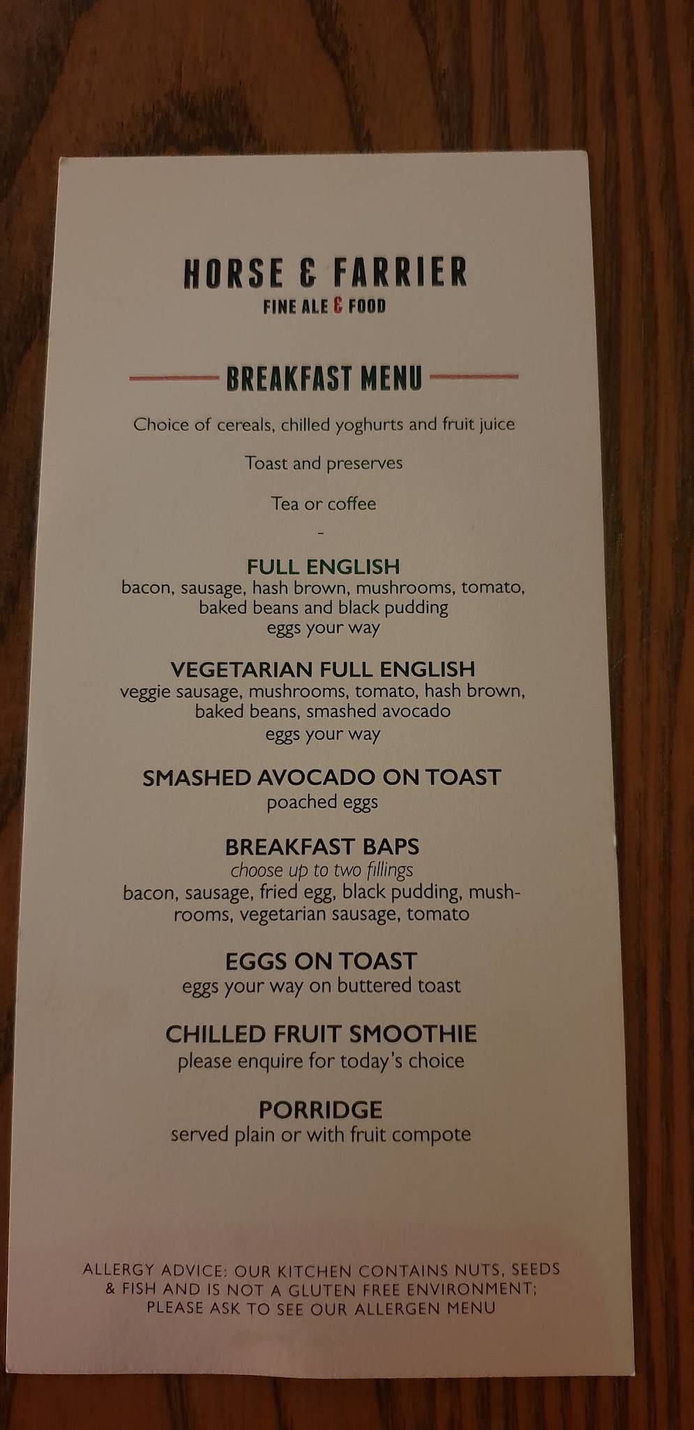 Menu at The Horse & Farrier pub & bar, Otley