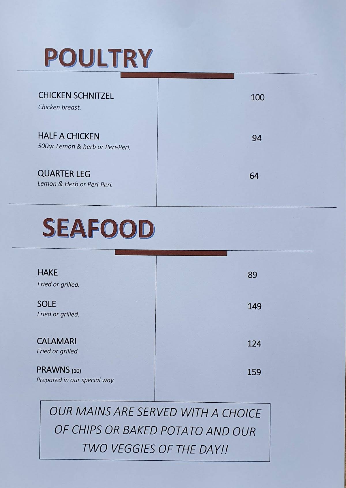 Menu at The Huguenot Restaurant, Roodepoort